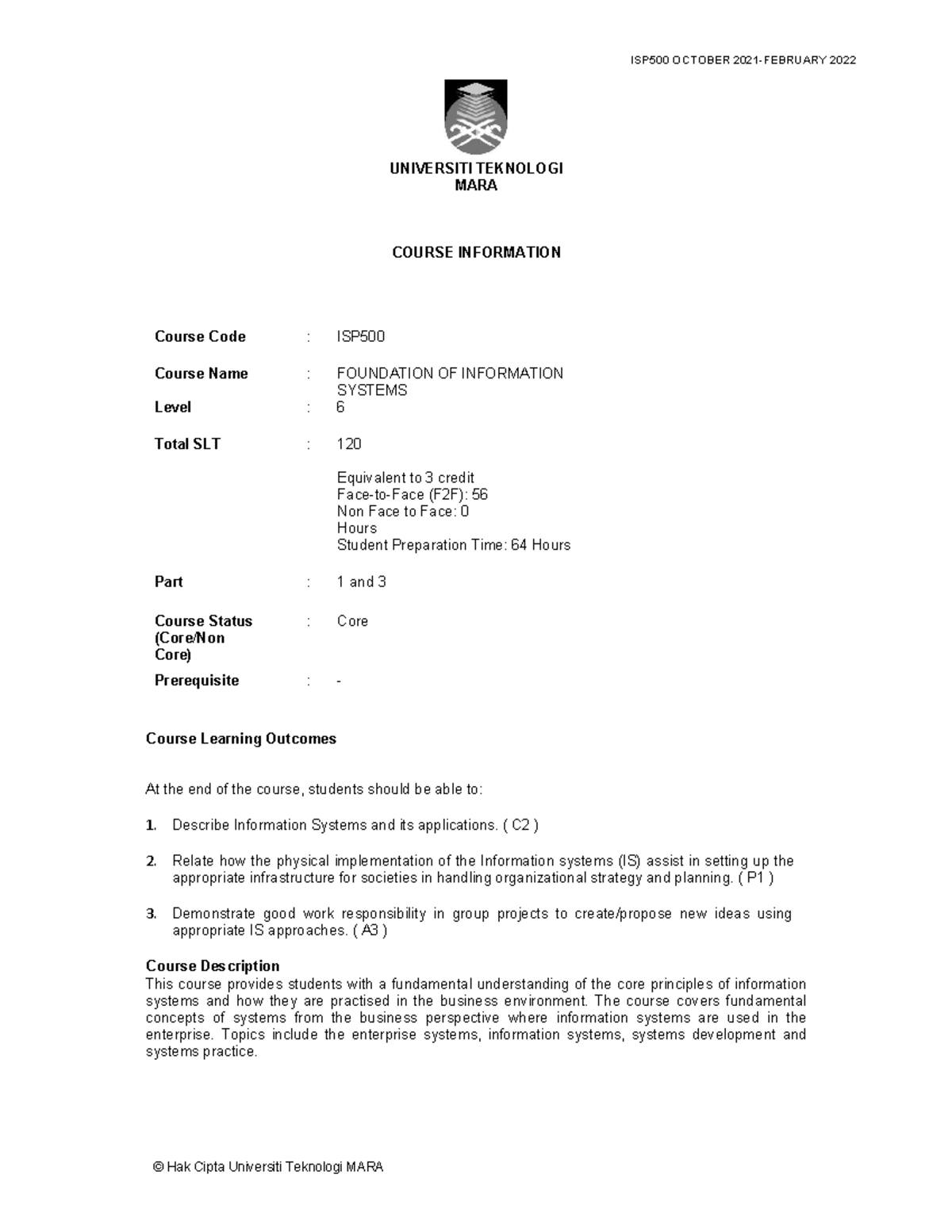 SOW ISP500 Foundaton OF Information Systems Oktober 2021- Februari 2022 Ui TM Jasin - Studocu