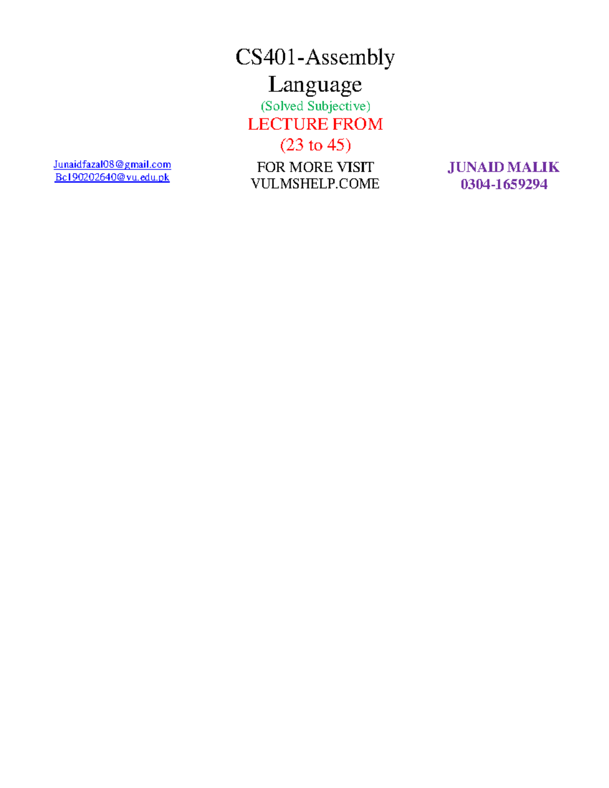 CS401 Solved Subjective Final TERM BY Junaid - Junaidfazal08@gmail Bc190202640@vu.edu CS401 ...