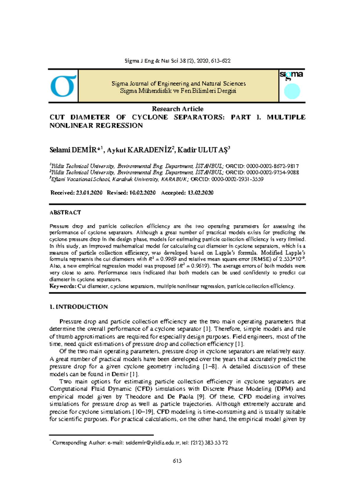 Ytujens 2020 38 2 - Cyclone - Sigma J Eng & Nat Sci 38 (2), 2020, 613- Research Article CUT ...