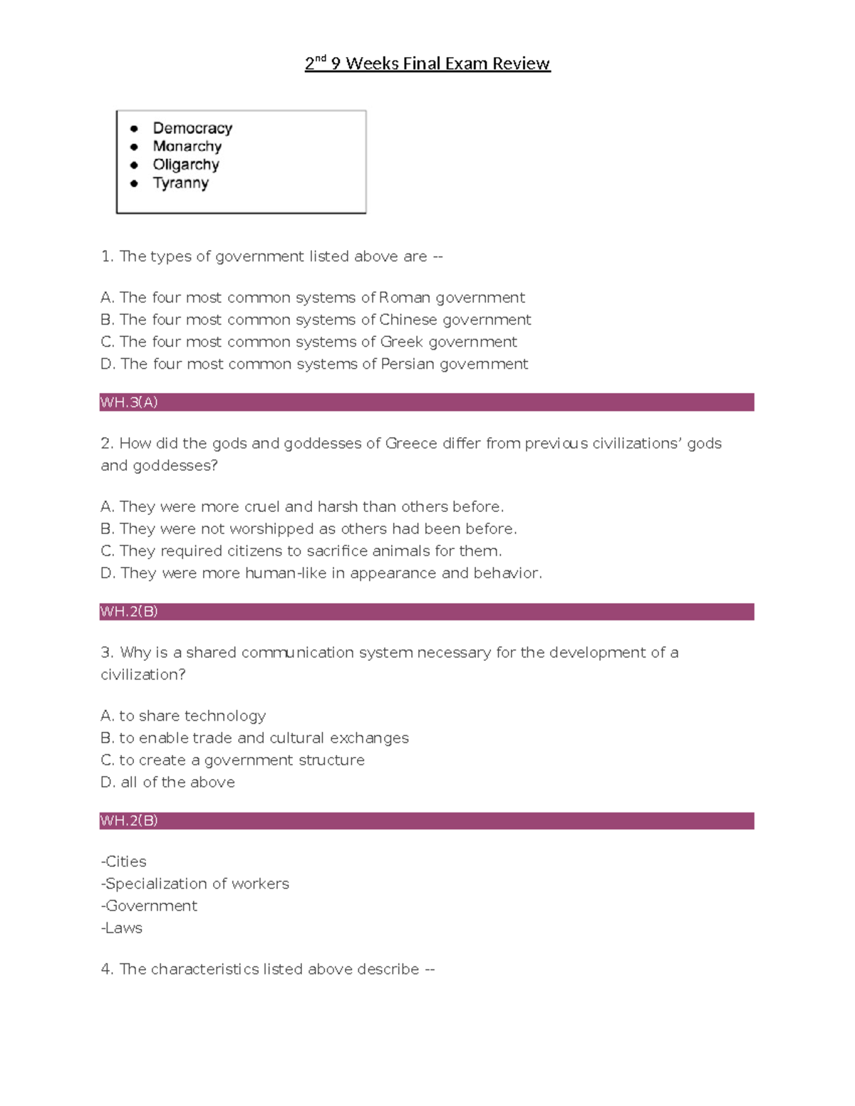 2nd 9 Weeks Final Exam Review - 2 9 Weeks Final Exam Review 1. The ...
