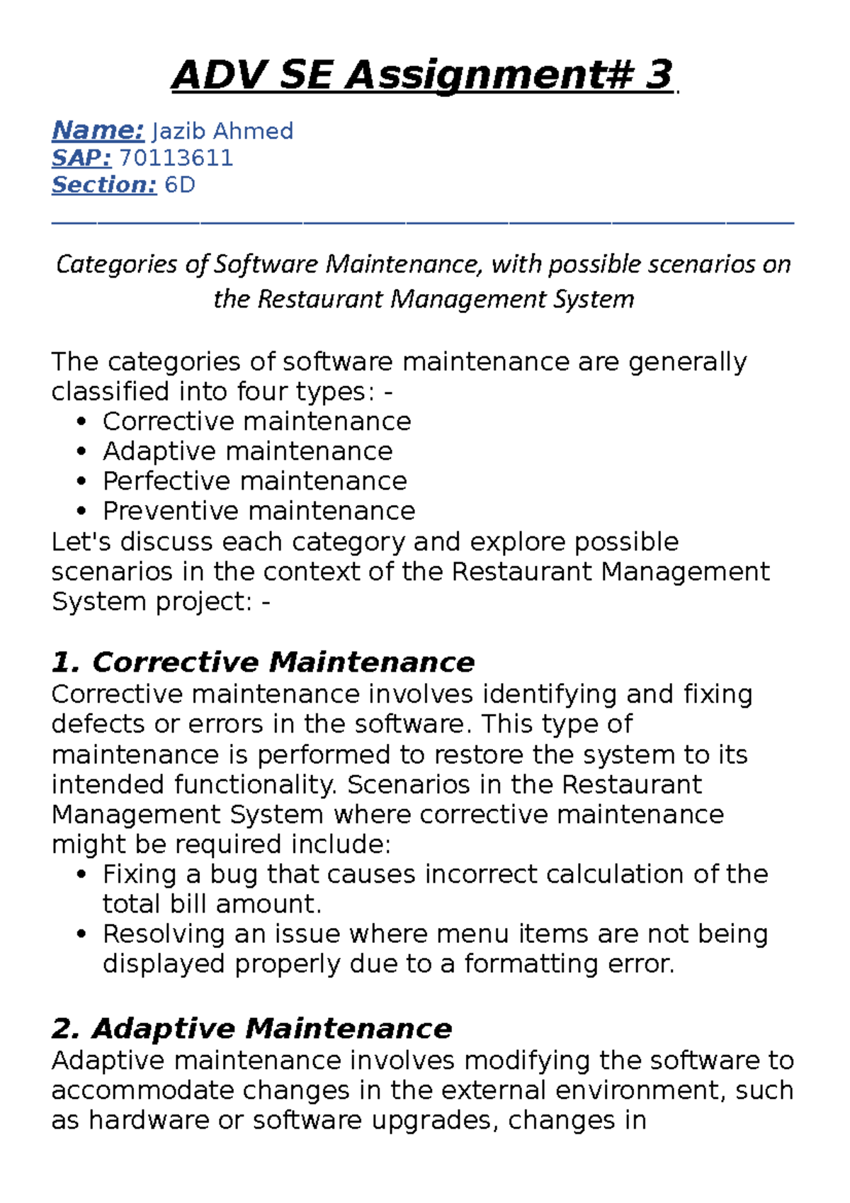 ADV SE Assignment 3 - Corrective Maintenance Corrective maintenance ...
