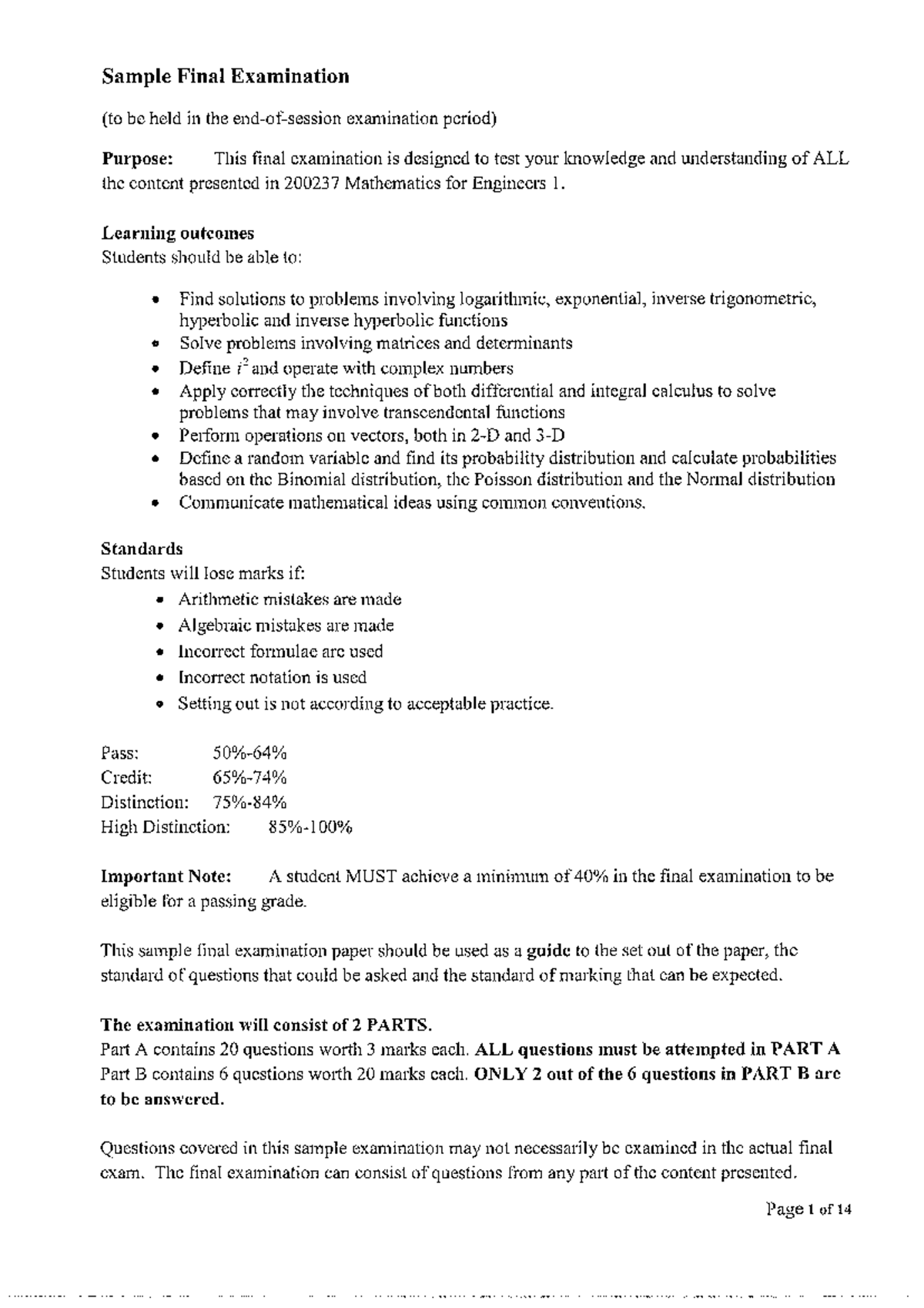 Final exam 2015, questions - Sample Final Examination (to be held in ...