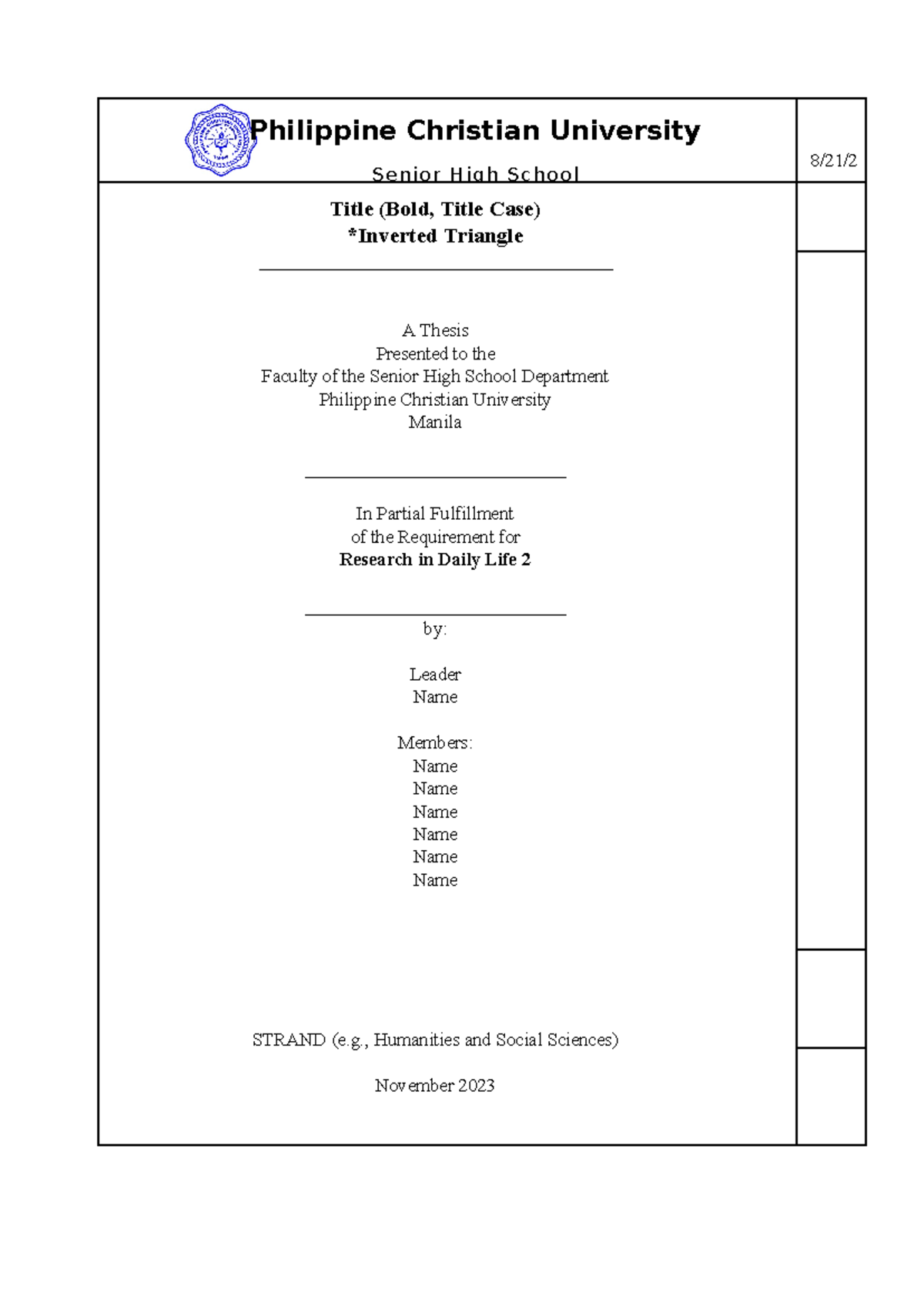 SHS Research Template 2023 CHAP 1 2 IMRa D - Title (Bold, Title Case ...