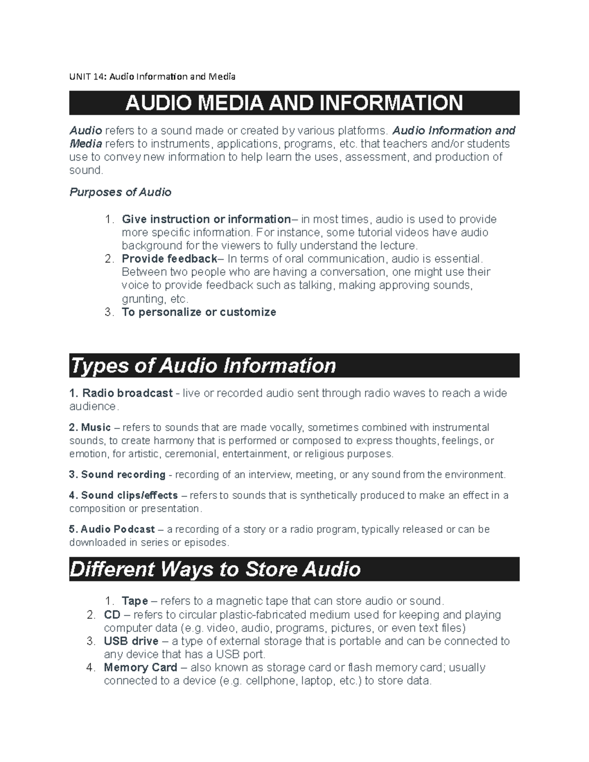 UNIT 14 - PE module - UNIT 14: Audio Information and Media AUDIO MEDIA ...