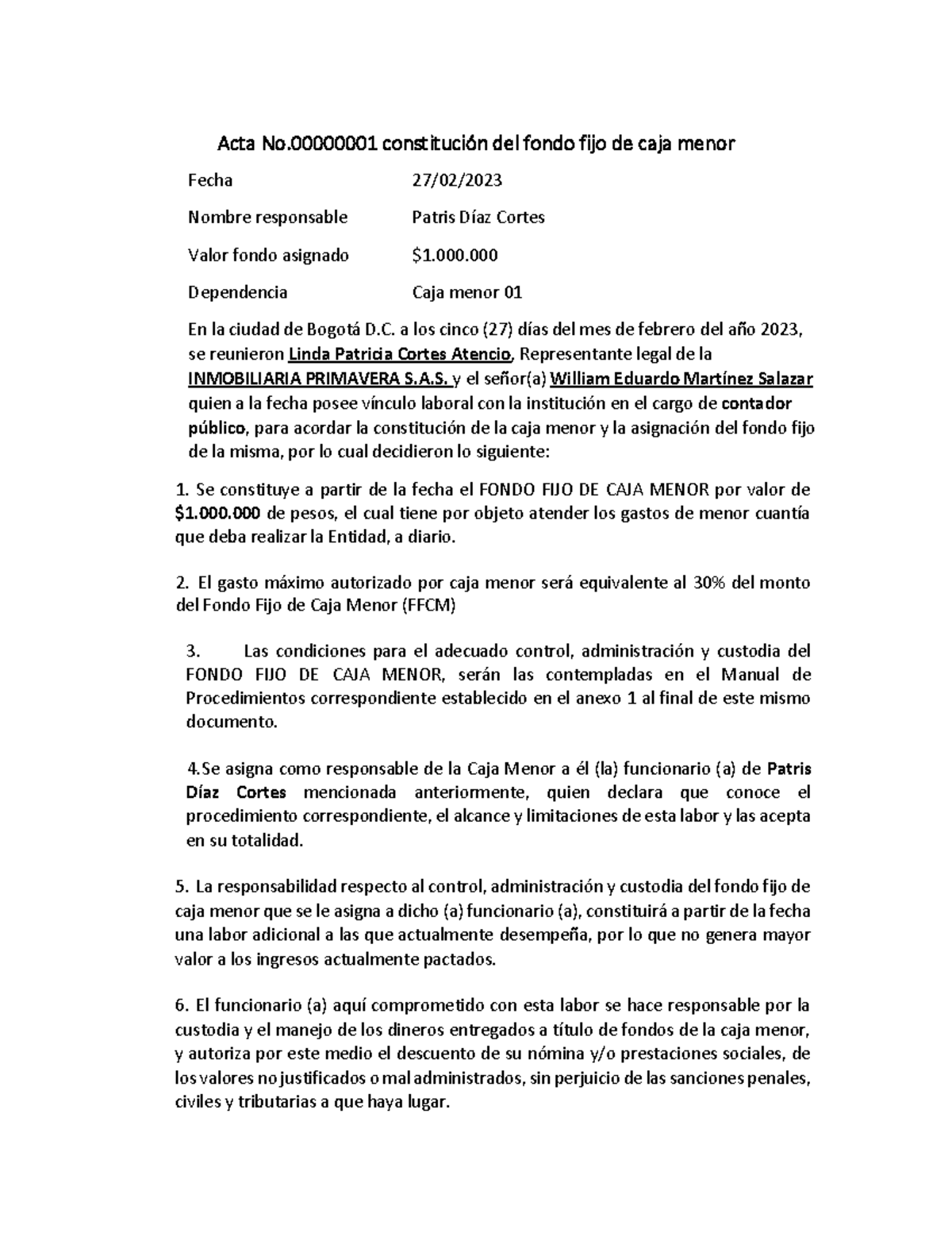 Acta caja menor - Acta No. 00000001 constituciÛn del fondo fijo de caja ...