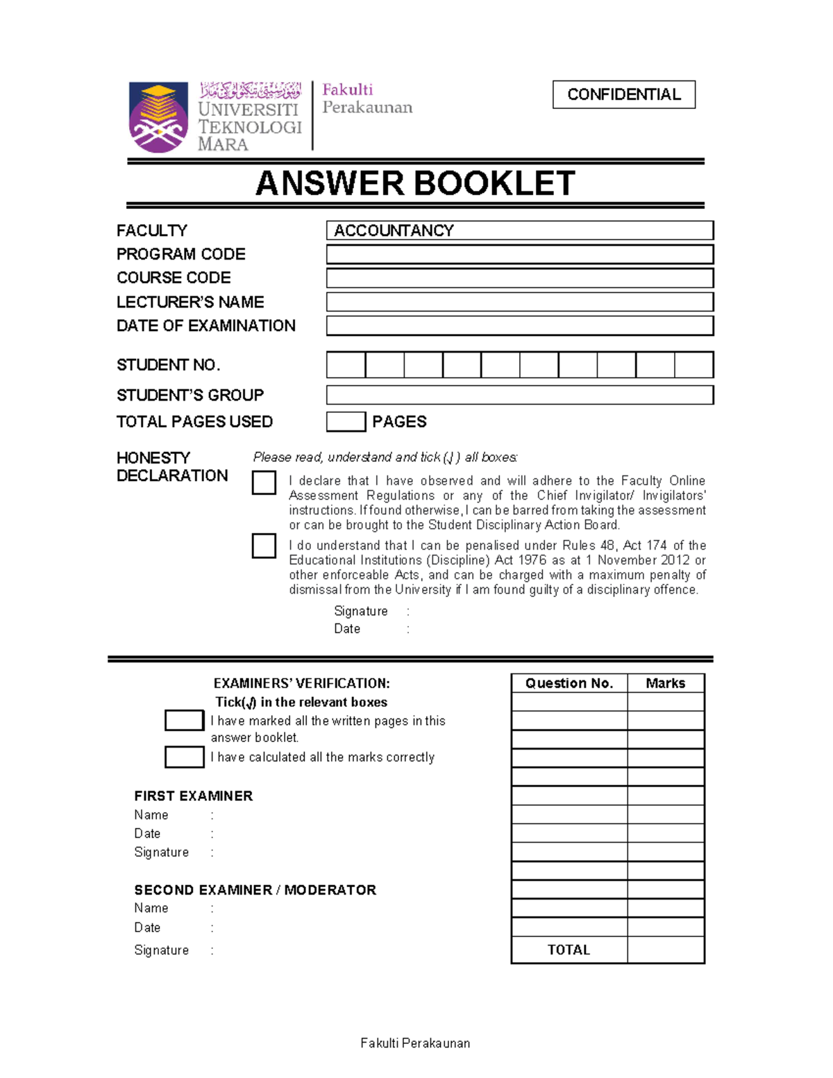 Cover Answer Booklet ONLY - Fakulti Perakaunan ANSWER BOOKLET EXAMINERS ...