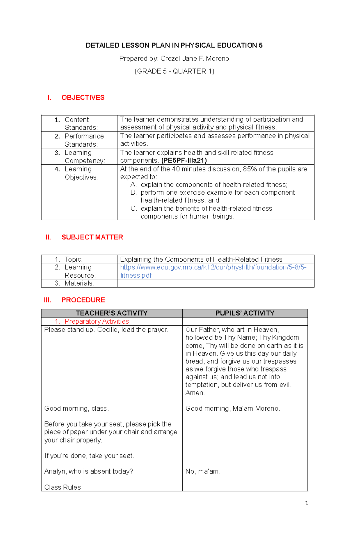 Detailed Lesson PLAN IN Physical Education 5 - DETAILED LESSON PLAN IN ...