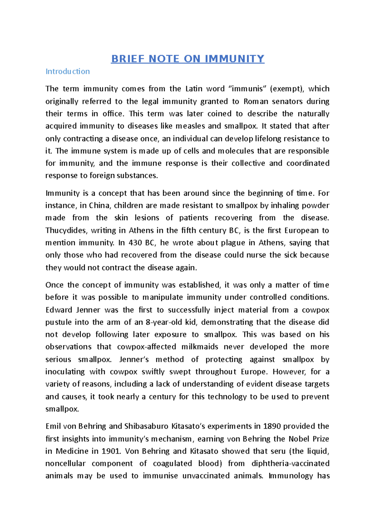 Brief note on immunity - Lecture notes 3 - BRIEF NOTE ON IMMUNITY ...