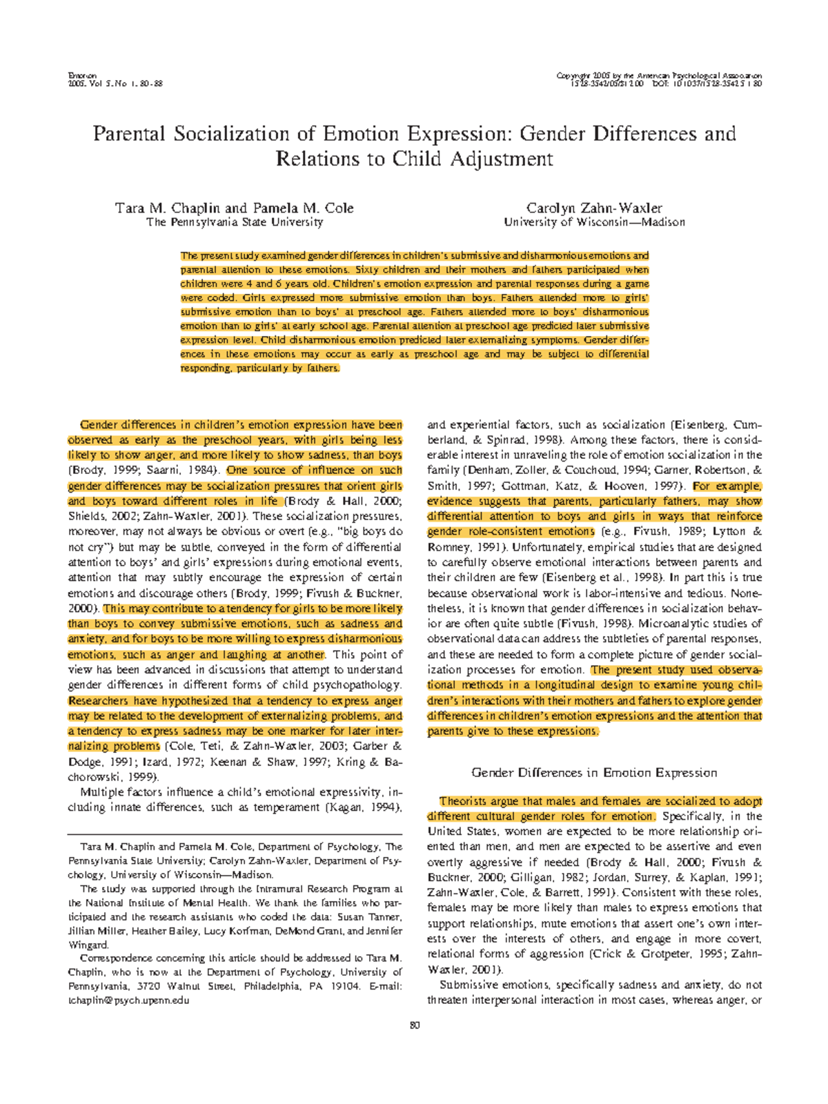 Parental Socialization of Emotion Expression Gender Differences and ...