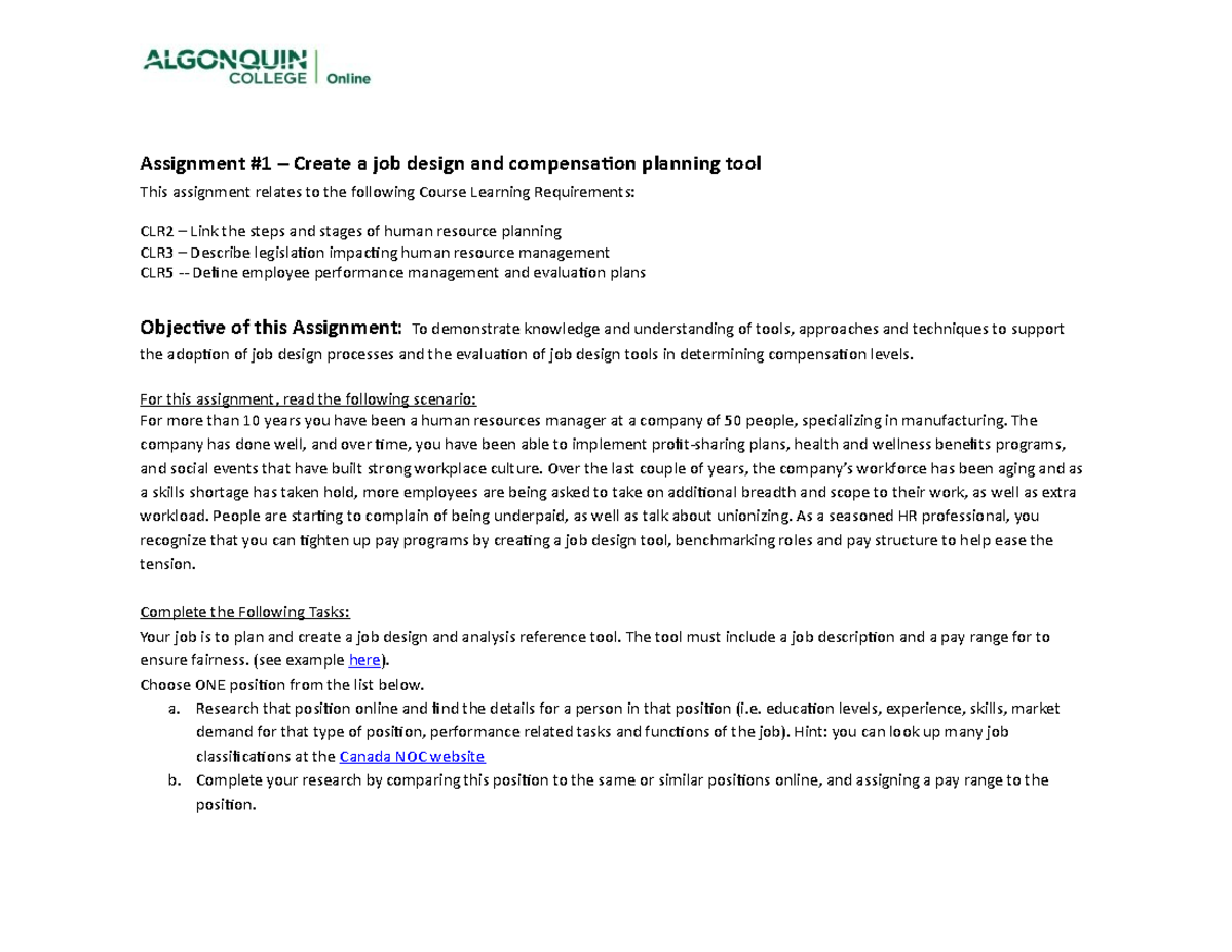 MGT2381 Assignment 1 Design A Job Design And Analysis Tool Assignment