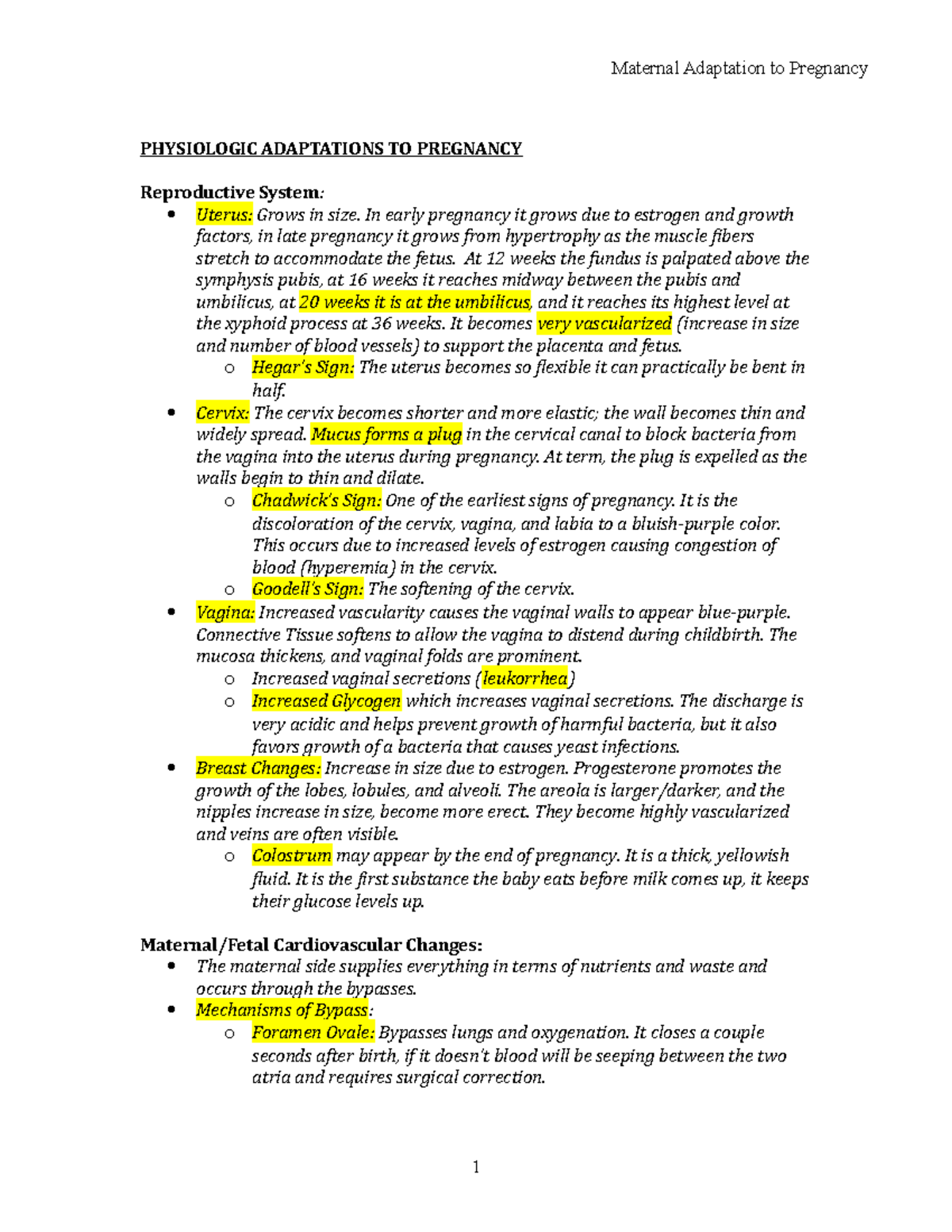 Maternal Adaptations Outline - PHYSIOLOGIC ADAPTATIONS TO PREGNANCY ...