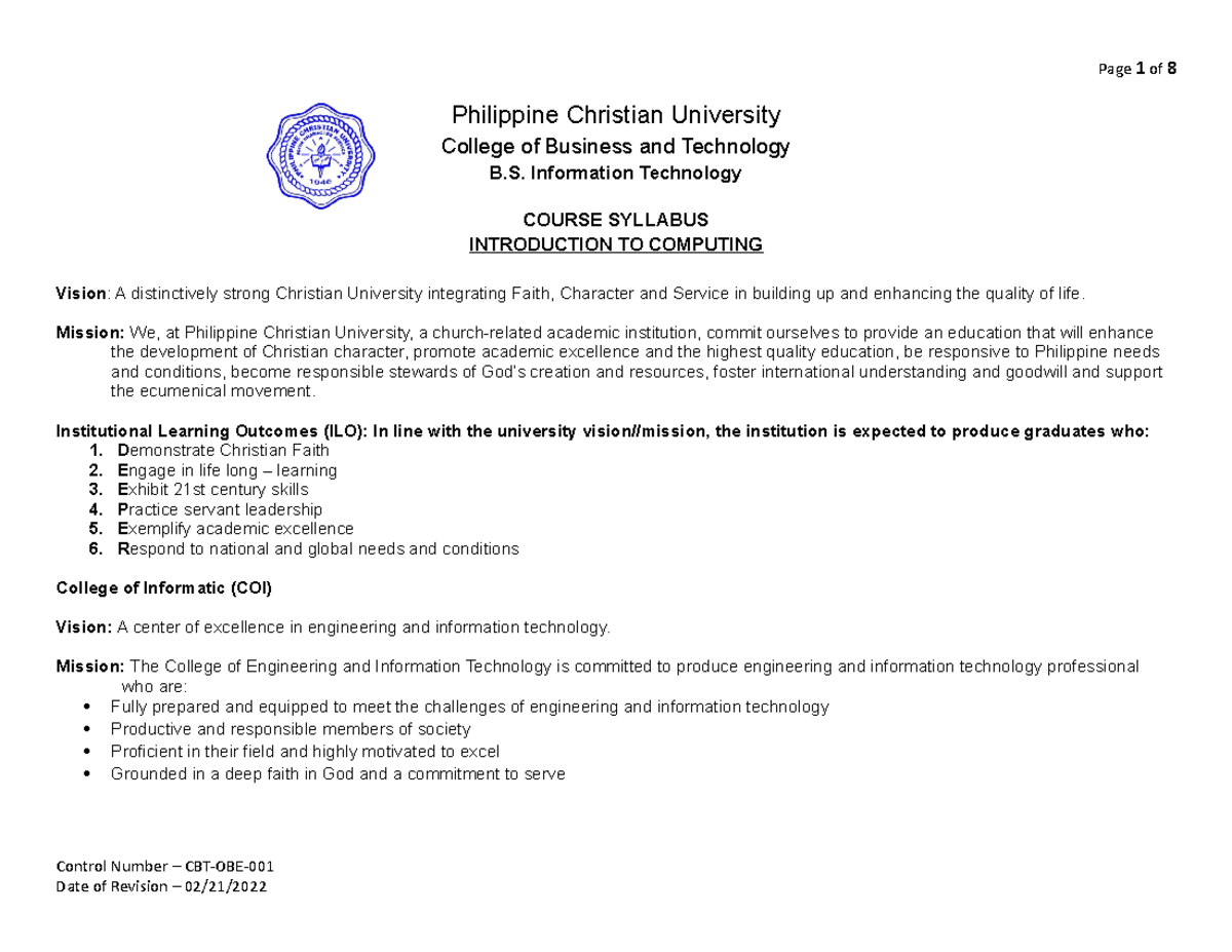 Introduction TO Computing OBE - Philippine Christian University College of Business and ...