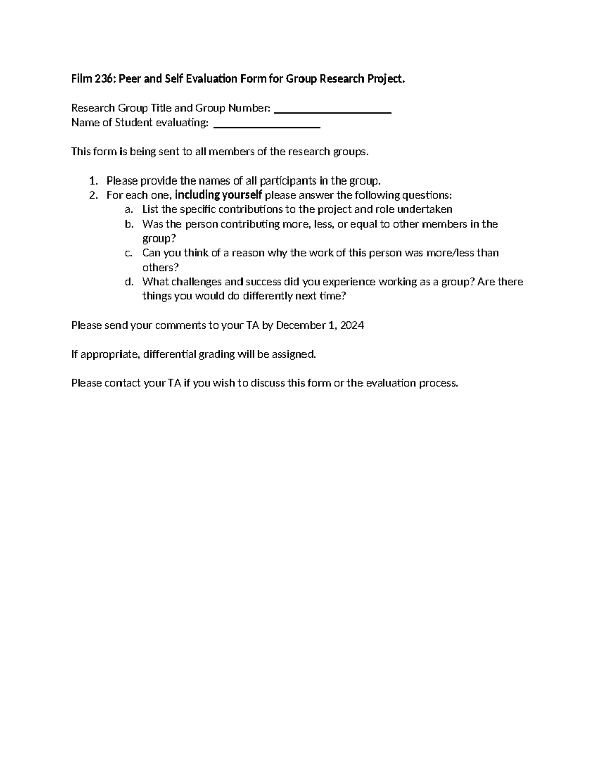 236 Peer Evaluation form - Film 236: Peer and Self Evaluation Form for ...