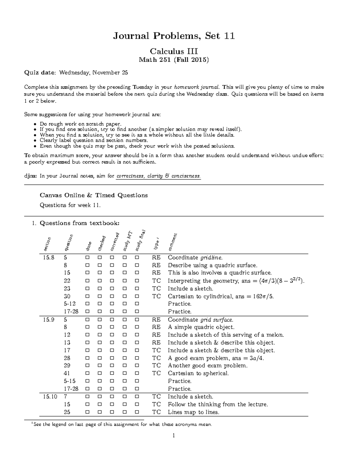 Week11 - Lecture notes week 11 - Journal Problems, Set 11 Calculus III ...