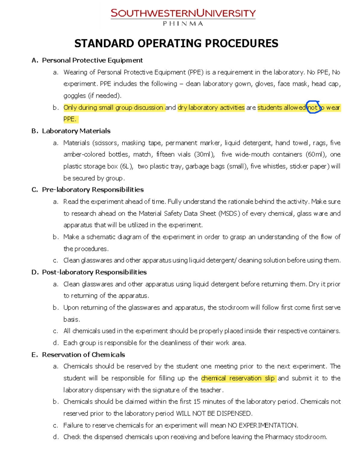 Laboratory Standard Operating Procedure And Safety Protocol Standard Operating Procedures A