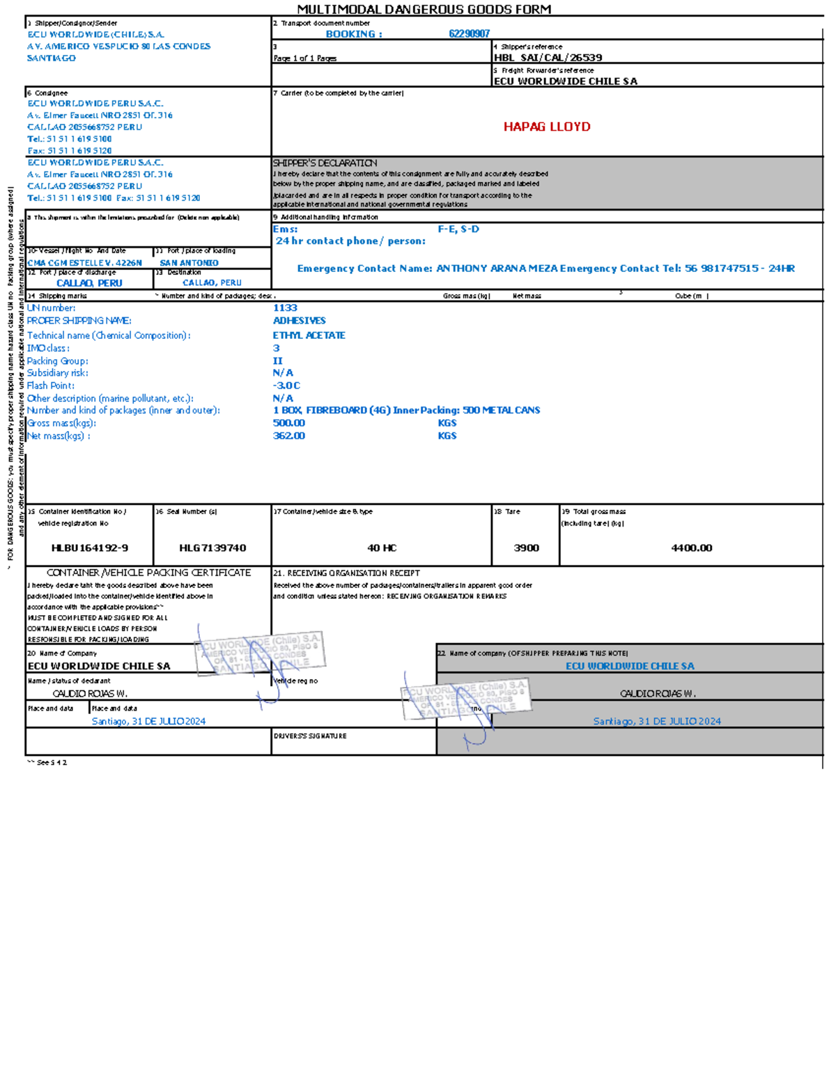 IMO 3 UN1133 (A) KIT Z MAX - Anthony - CAL MN Seaspan Hamburg V. 429W ...