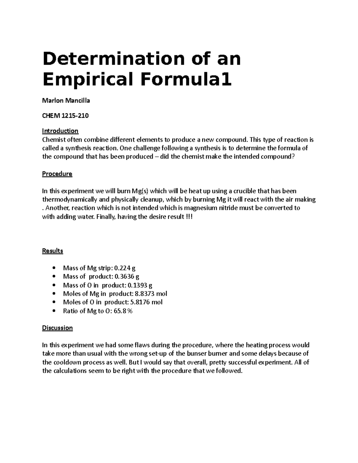Copy CHEM 1215 lab - Guide - Determination of an Empirical Formula ...