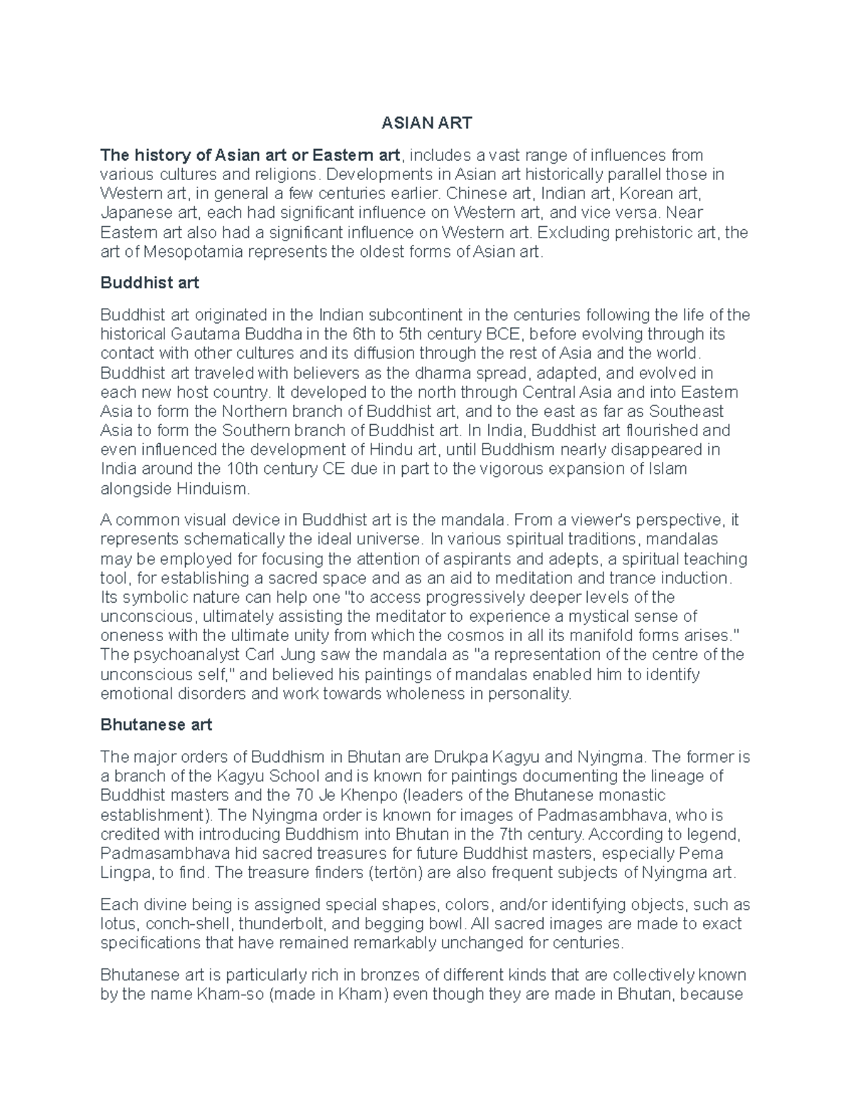 Asian ART - Lecture notes 1 - ASIAN ART The history of Asian art or ...