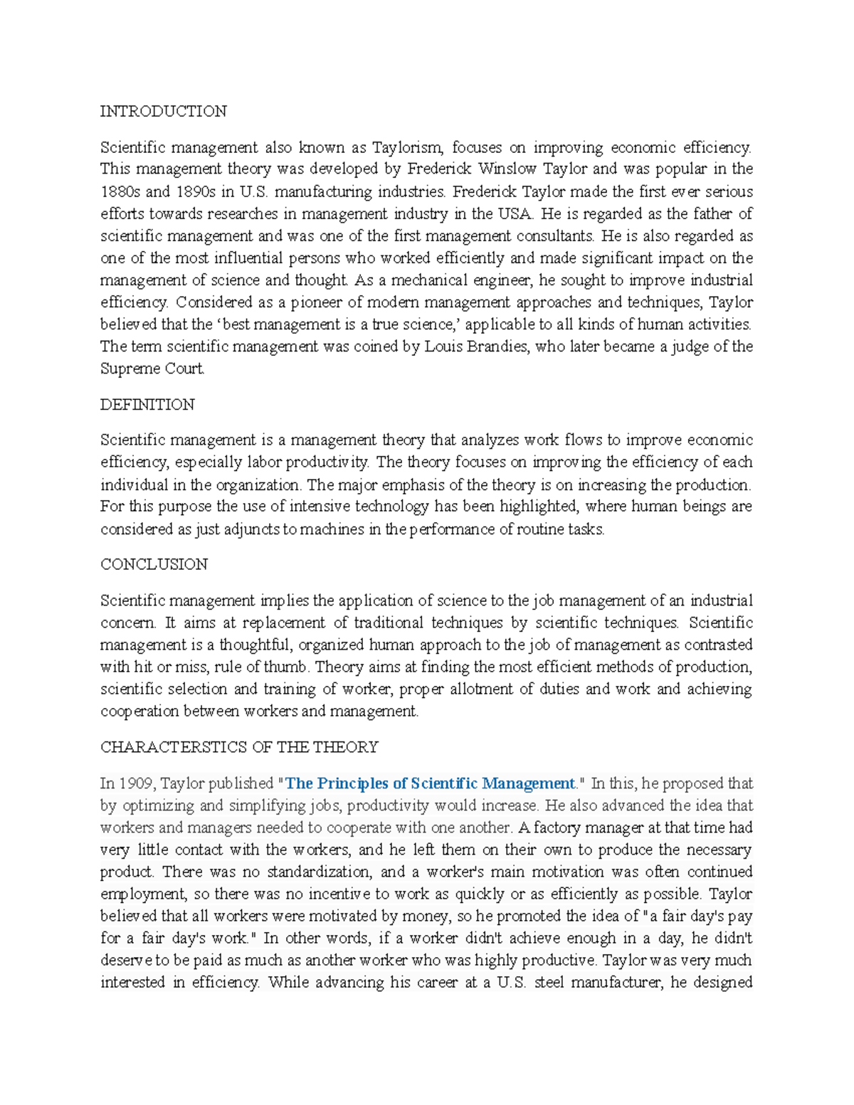 Scientific management theory - INTRODUCTION Scientific management also ...