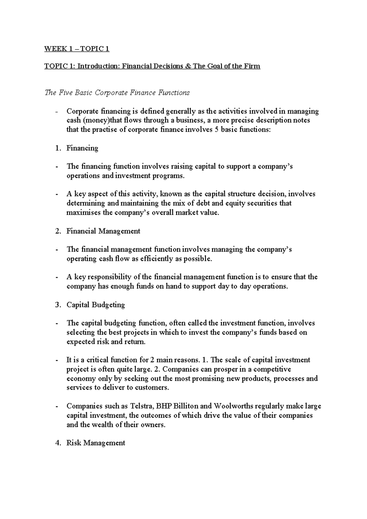 Lecture Slides - Week 1 - WEEK 1 – TOPIC 1 TOPIC 1: Introduction: Financial Decisions & The Goal ...