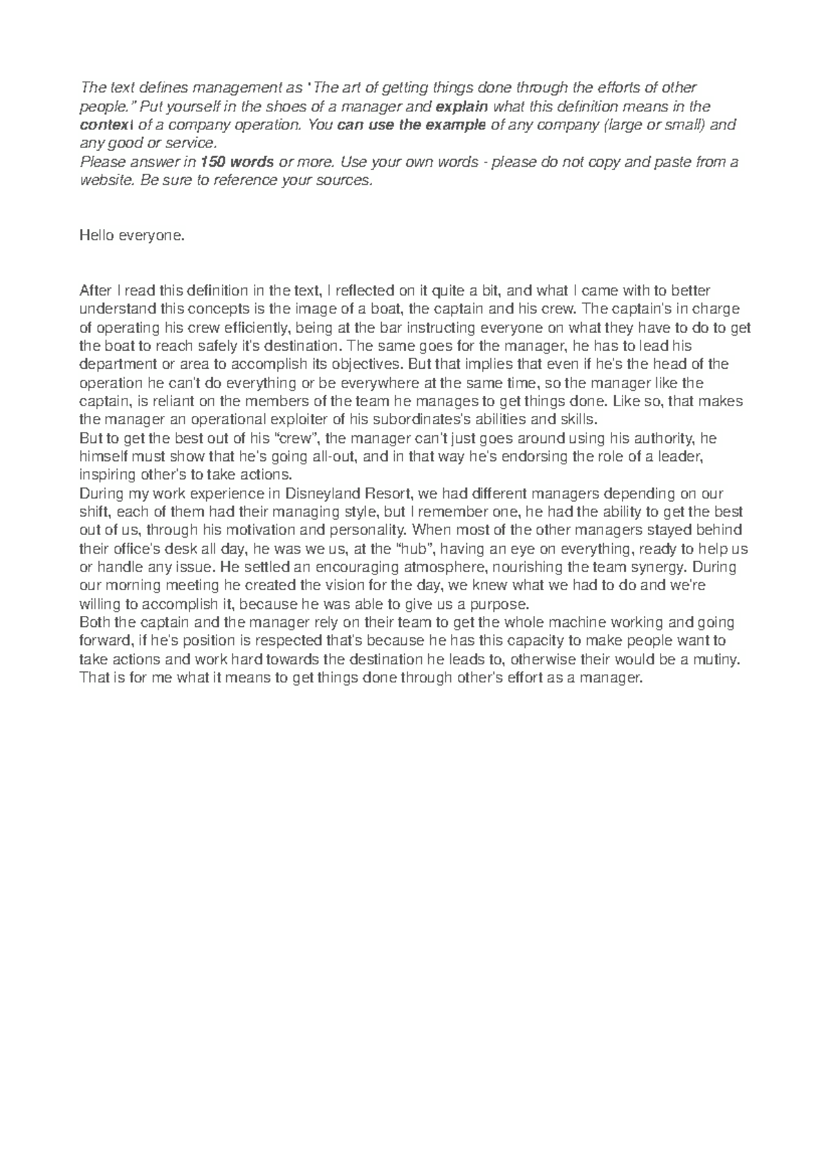 BUS 1101 - UNIT 1 - Discussion Assignment - The text defines management as “The art of getting ...