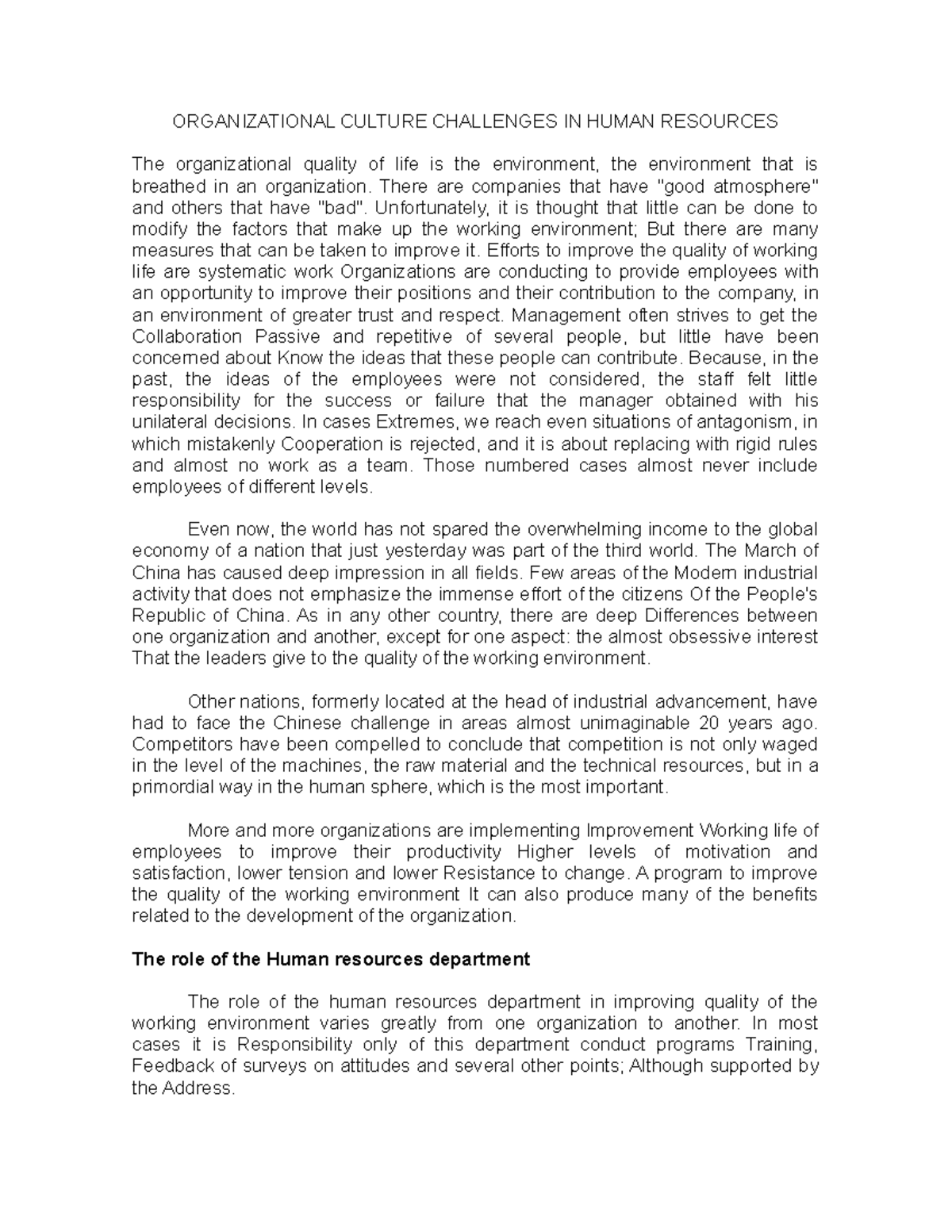 ORGANIZATIONAL CULTURE CHALLENGES IN HUMAN RESOURCES - There are ...