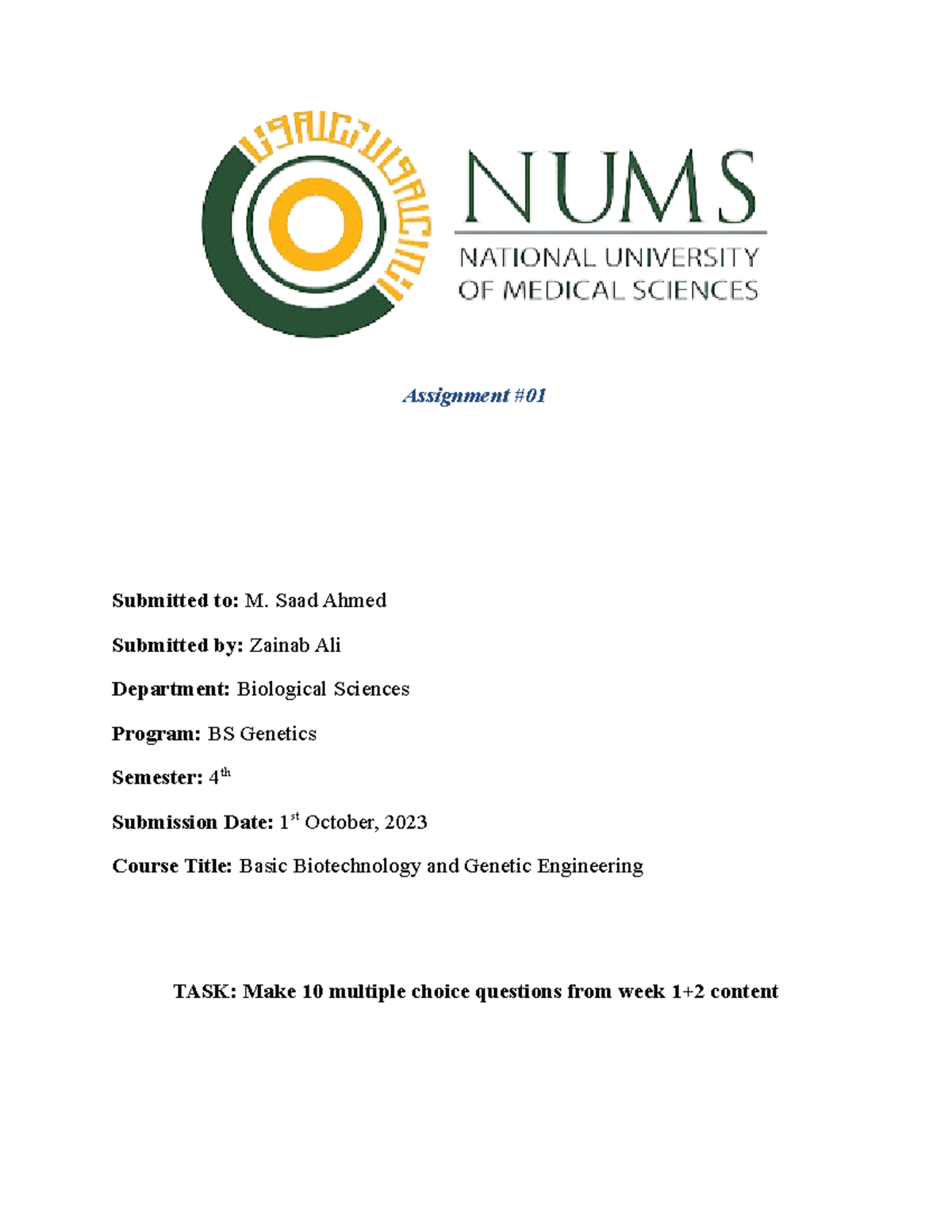 MCQs assignment - Assignment Submitted to: M. Saad Ahmed Submitted by: Zainab Ali Department ...
