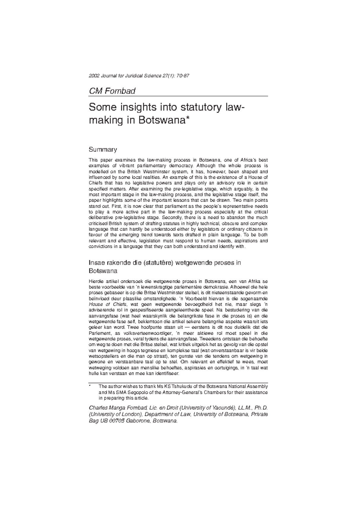 Some insights into statutory law- making in Botswana - Charles Manga ...