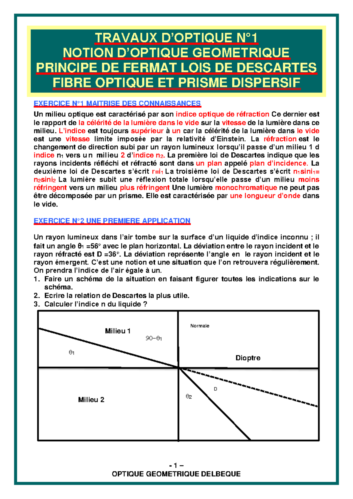TD1 Optique Geometrique 2021 Complet - 1 – TRAVAUX D’OPTIQUE N° 1 NOTION D’OPTIQUE GEOMETRIQUE ...