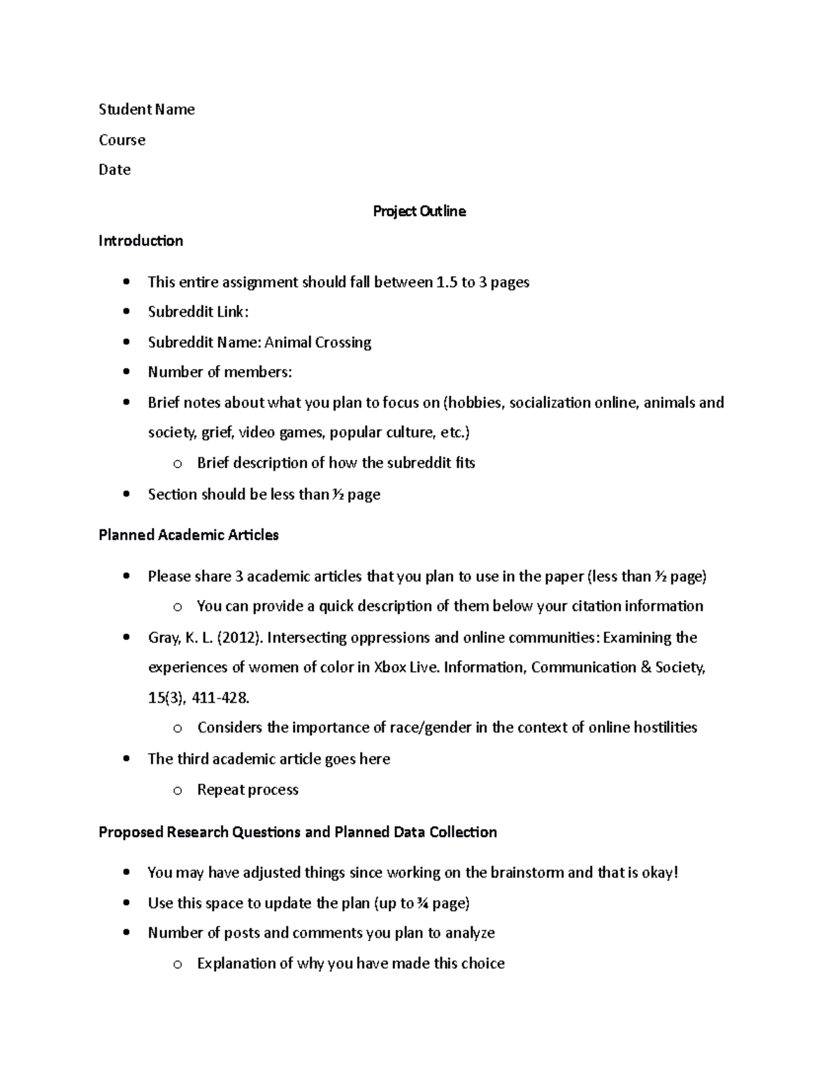 202012 04221308 project outline example 2 - Student Name Course Date ...