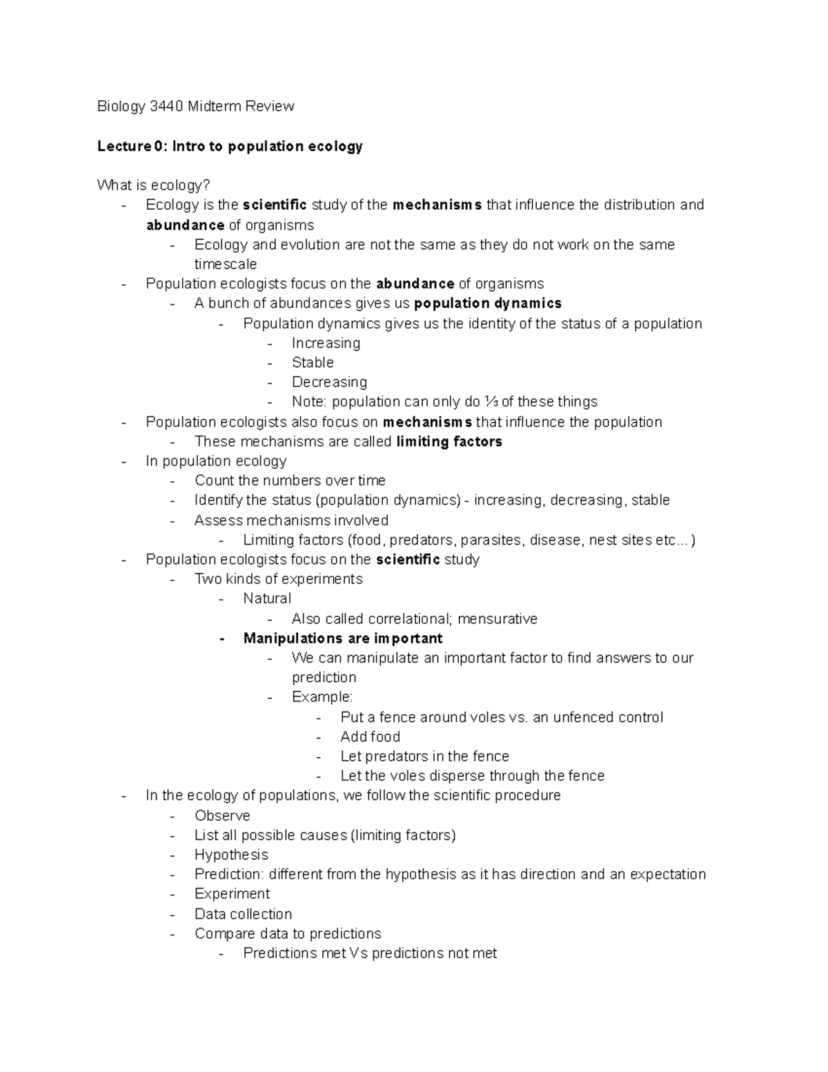 Biology 3440 Midterm Review - Biology 3440 Midterm Review Lecture 0 ...