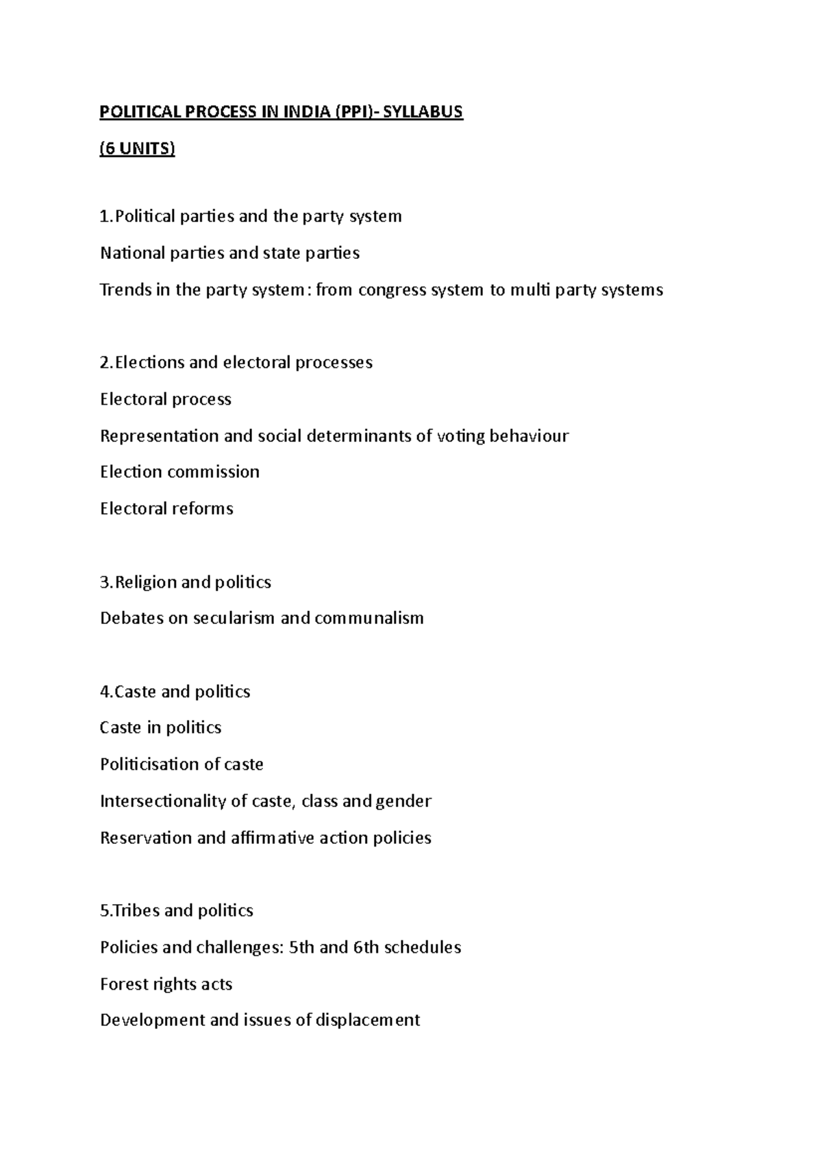 PPI syllabus - POLITICAL PROCESS IN INDIA (PPI)- SYLLABUS (6 UNITS) 1 ...