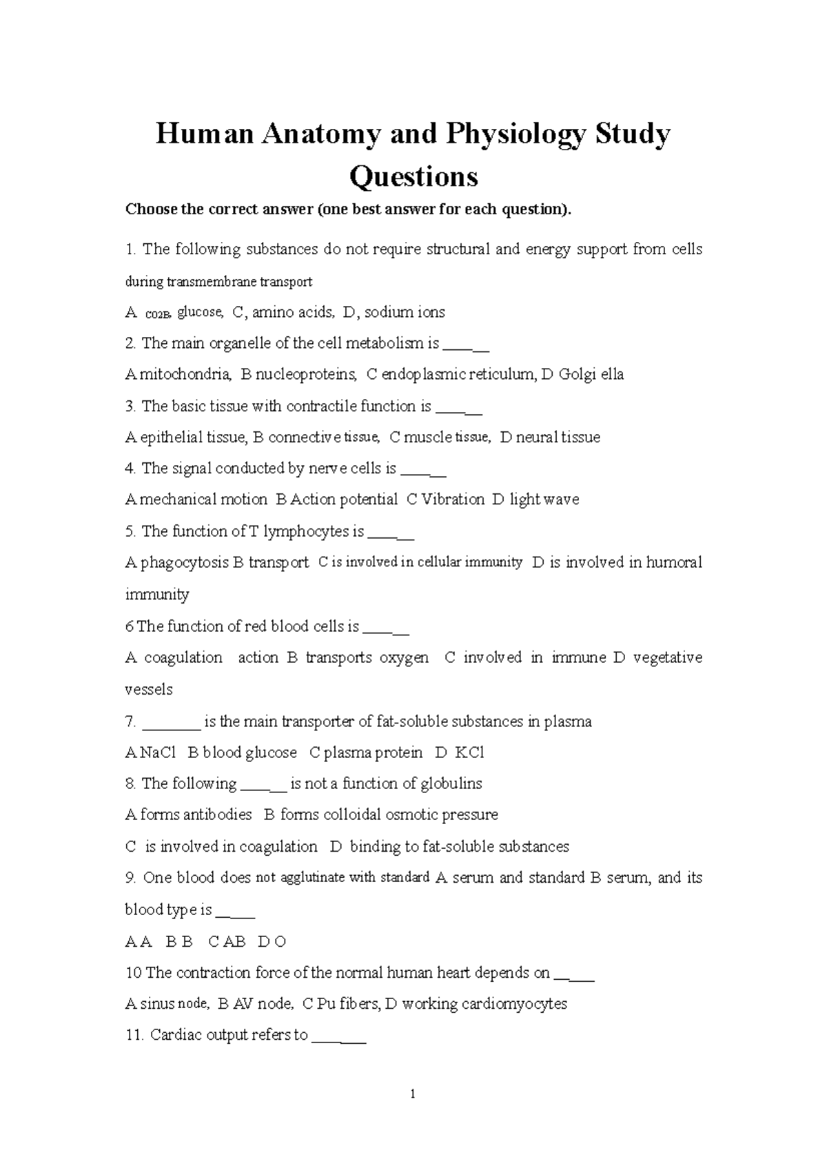Human Anatomy and Physiology Study Questions - Human Anatomy and ...