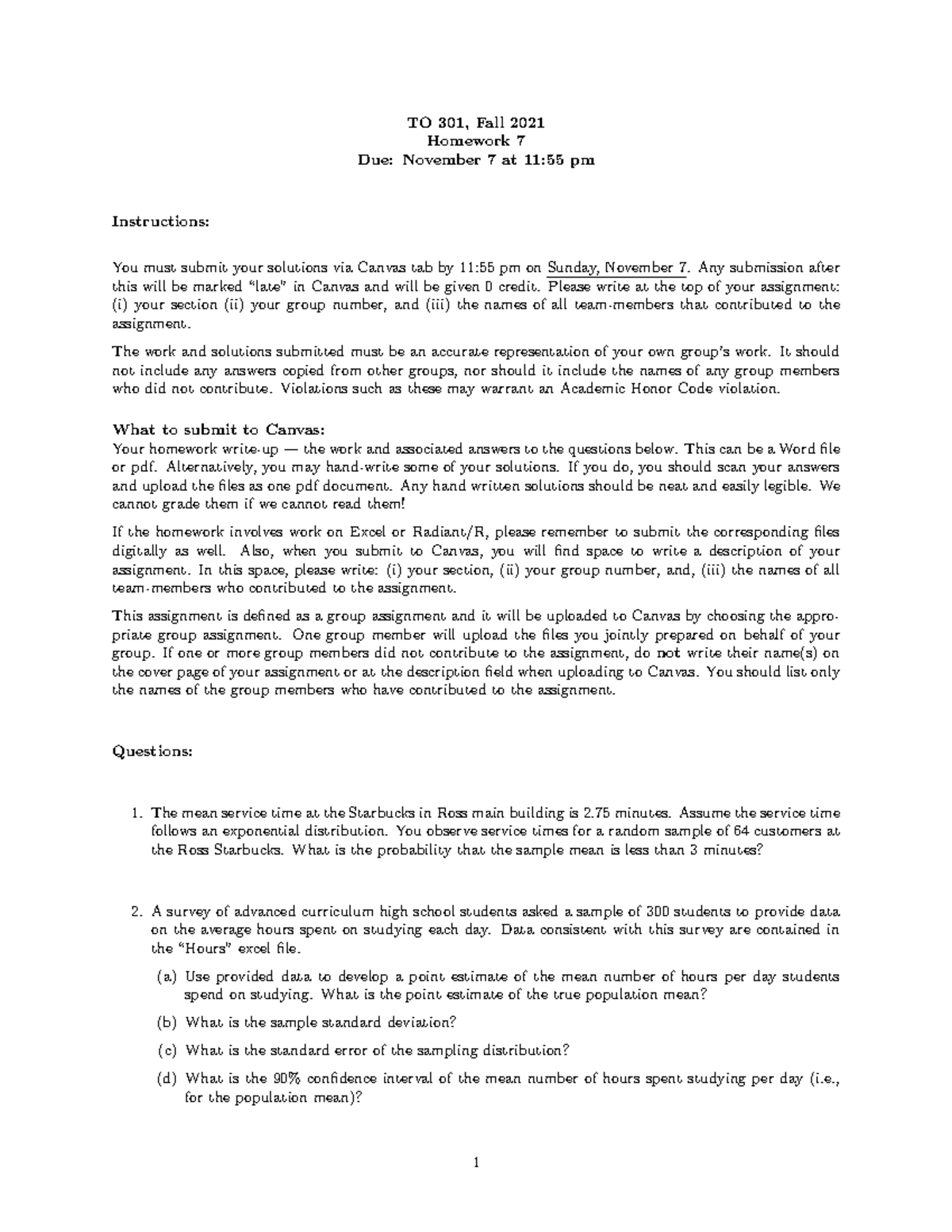 HW7 - Homework #7 - TO 301, Fall 2021 Homework 7 Due: November 7 at 11:55 pm Instructions: You ...