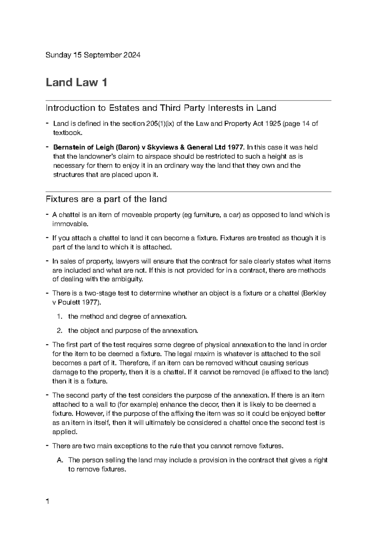Land Law Unit 1 - Sunday 15 September 2024 Land Law 1 Introduction to ...