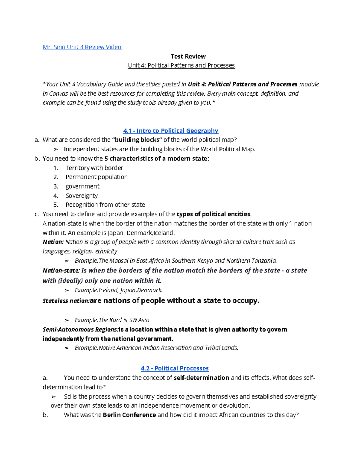 Unit 4 Test Review Political Geography - Mr. Sinn Unit 4 Review Video ...