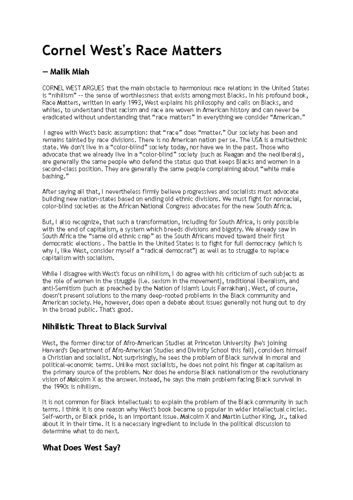 Race Matters Cornel West - Cornel West's Race Matters — Malik Miah ...