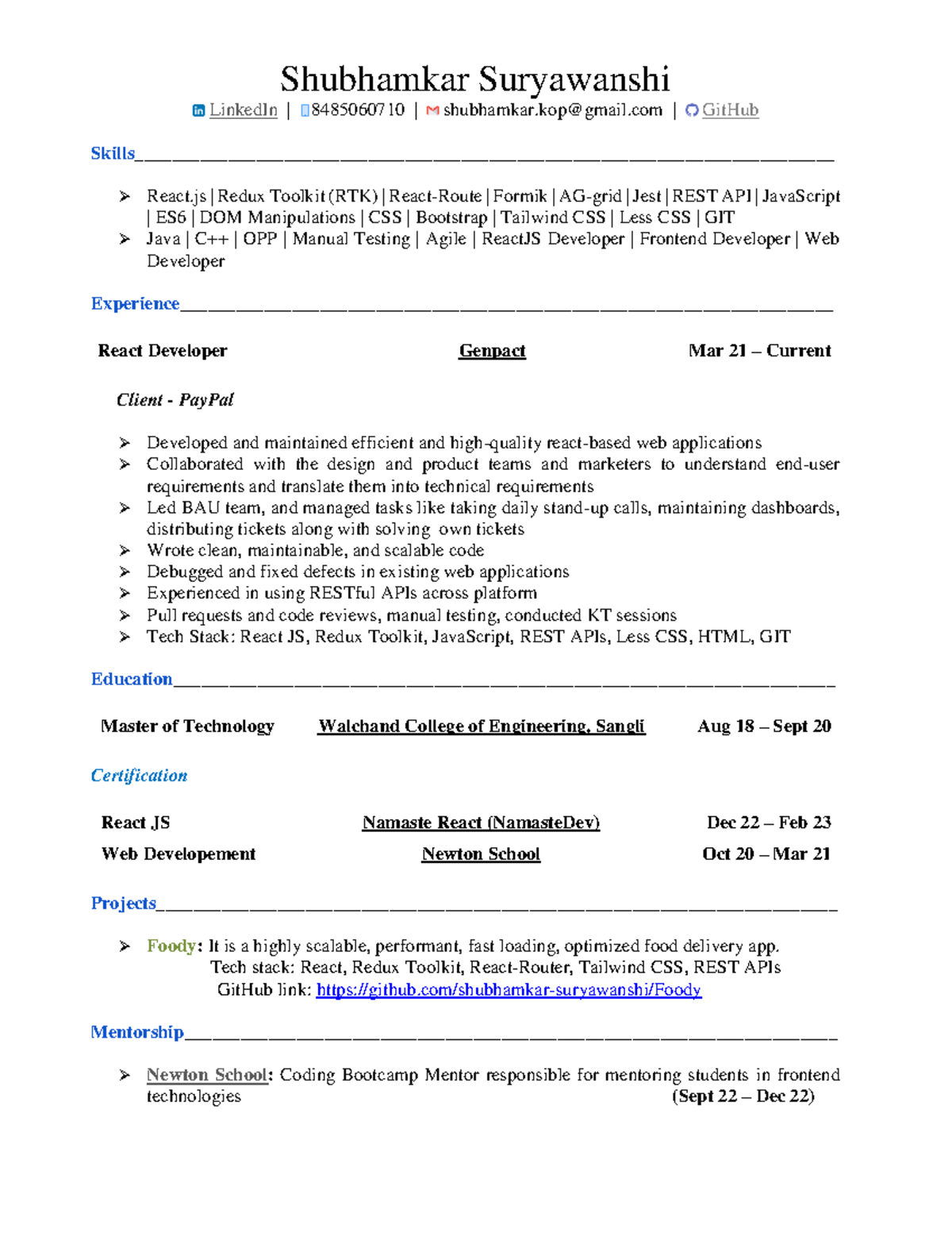 Shubhamkar Resume - jkhg - Shubhamkar Suryawanshi LinkedIn | 8485060710 | shubhamkar@gmail ...
