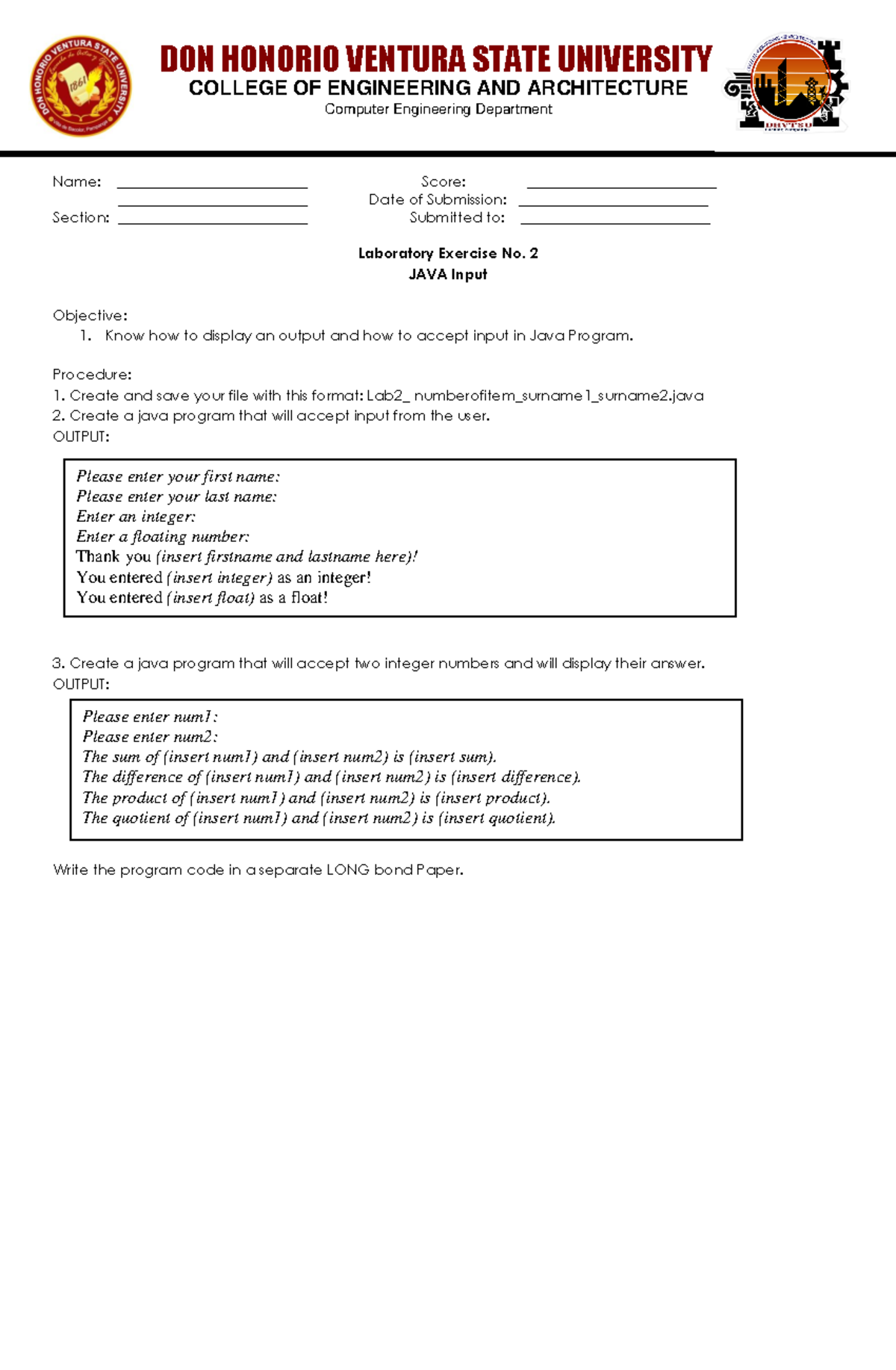 LAB2-JAVA - adjadhkjad - DON HONORIO VENTURA STATE UNIVERSITY COLLEGE ...
