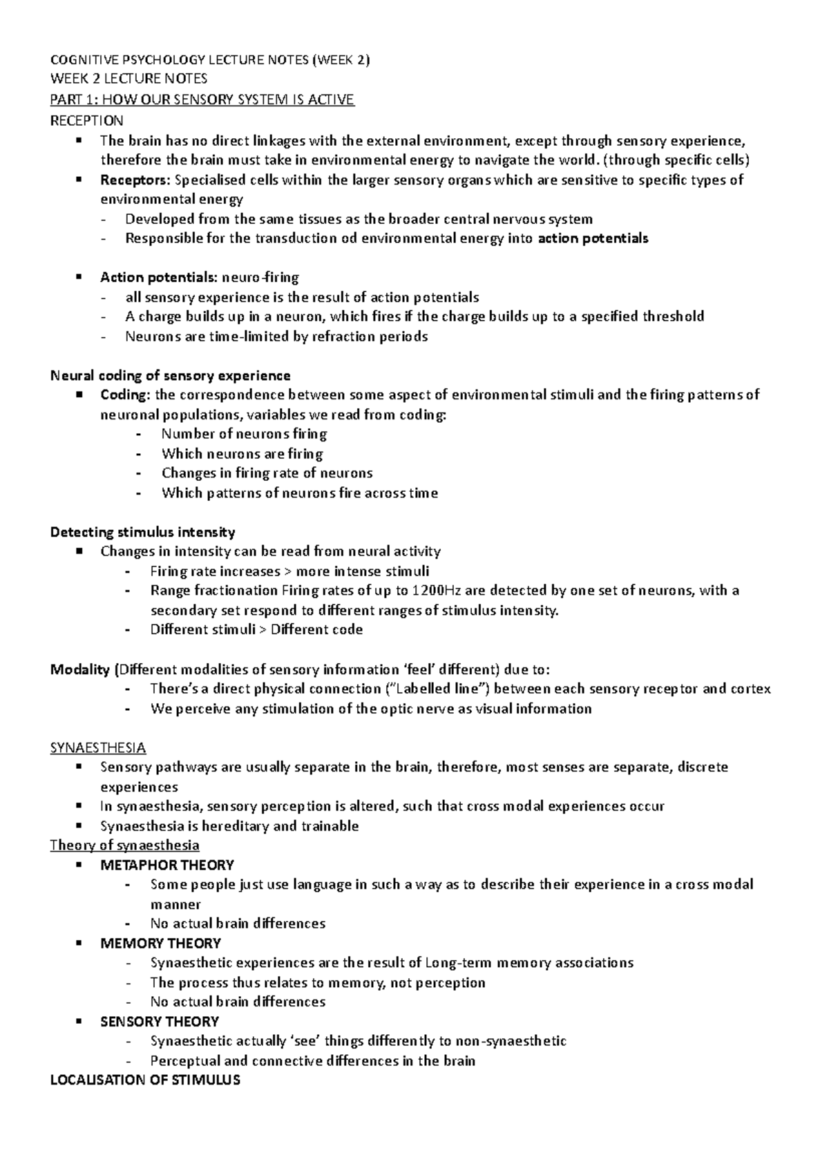 Cognitive Psych Week 2 Lecture Notes Week 2 Lecture Notes Part 1 How Our Sensory System Is