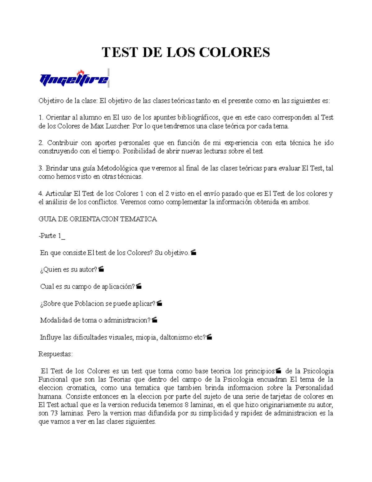 TEST DE LOS Colores - TEST DE LOS COLORES Objetivo de la clase: El ...
