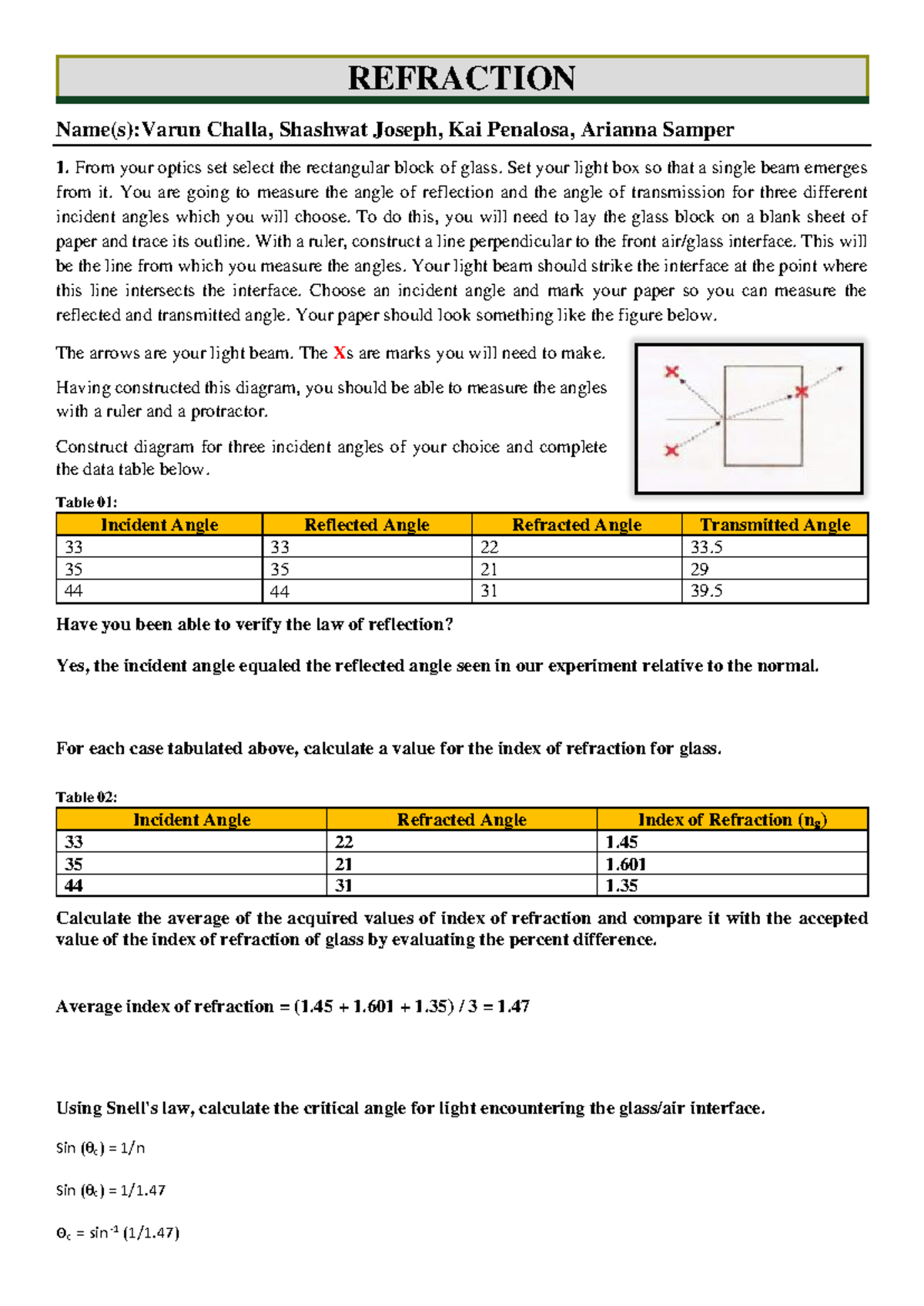 Refraction Worksheet - REFRACTION Name(s):Varun Challa, Shashwat Joseph ...