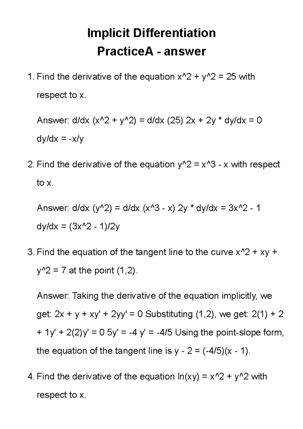 Implicit Differentiation Practice A - answer - Implicit Differentiation ...