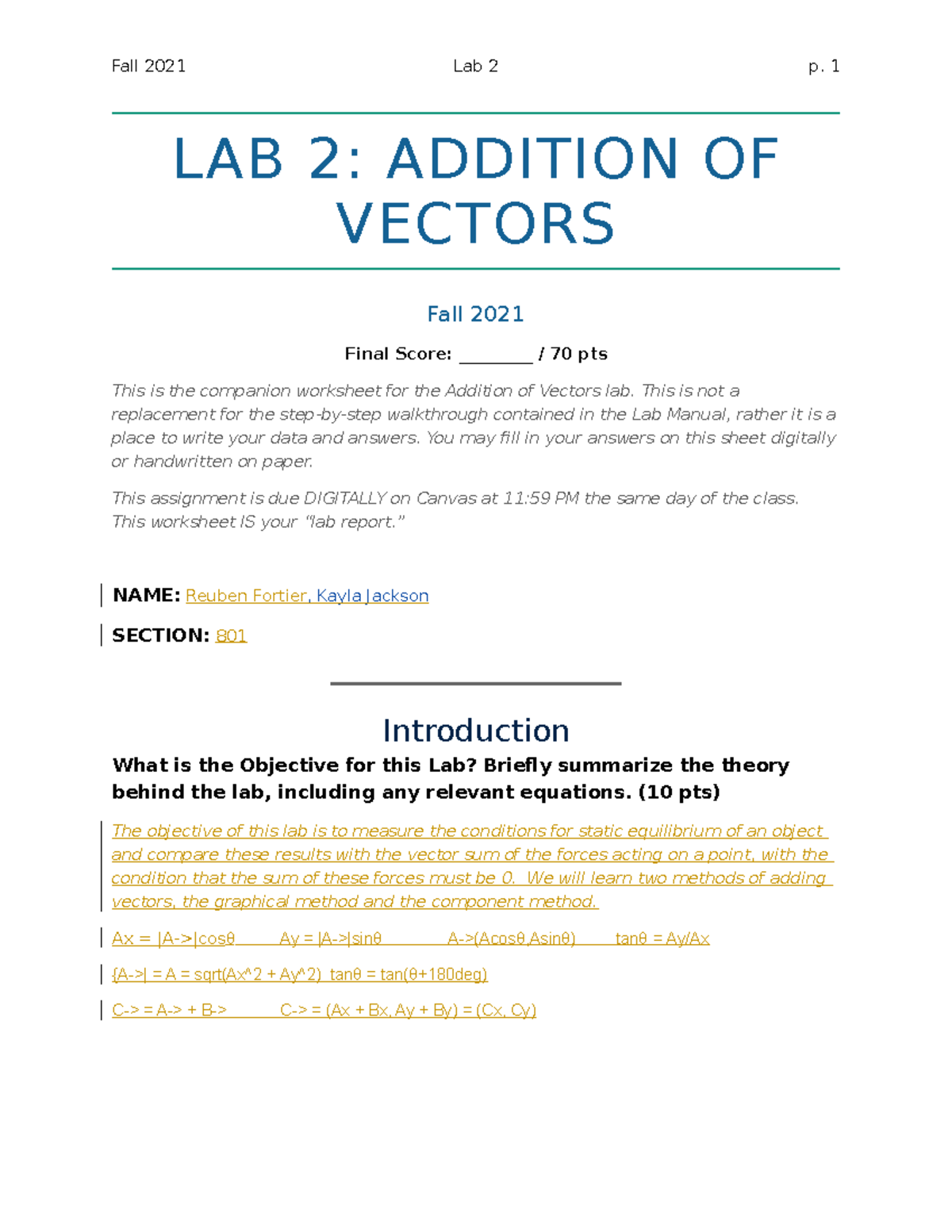 Lab2-Addition Of Vectors-Worksheet-v2 - LAB 2: ADDITION OF VECTORS Fall 2021 Final Score ...