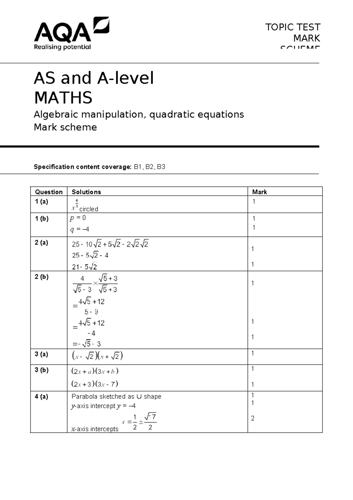 2. Algebraic Manipulation, Quadratic Equations MS - TOPIC TEST MARK ... 2. Algebraic Manipulation, Quadratic Equations MS - TOPIC TEST MARK ...