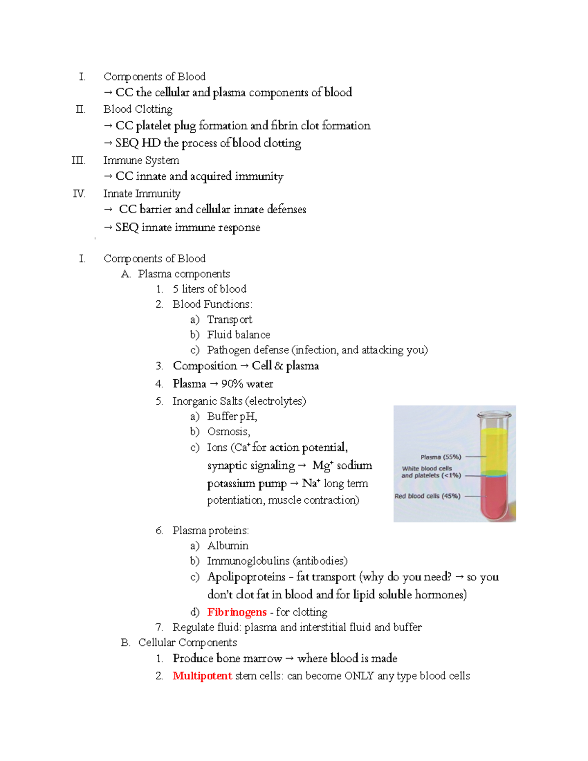 Topic 26 Blood - Lecture notes 26 - I. Components of Blood → CC the ...