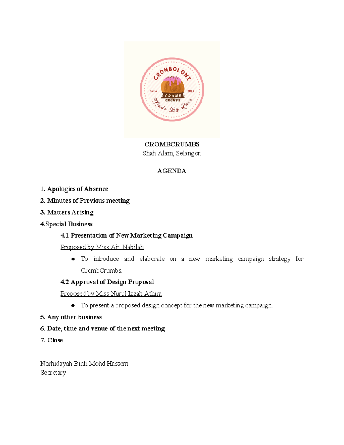 Agenda FOR MOCK Meeting Crombcrumbs - CROMBCRUMBS Shah Alam, Selangor ...