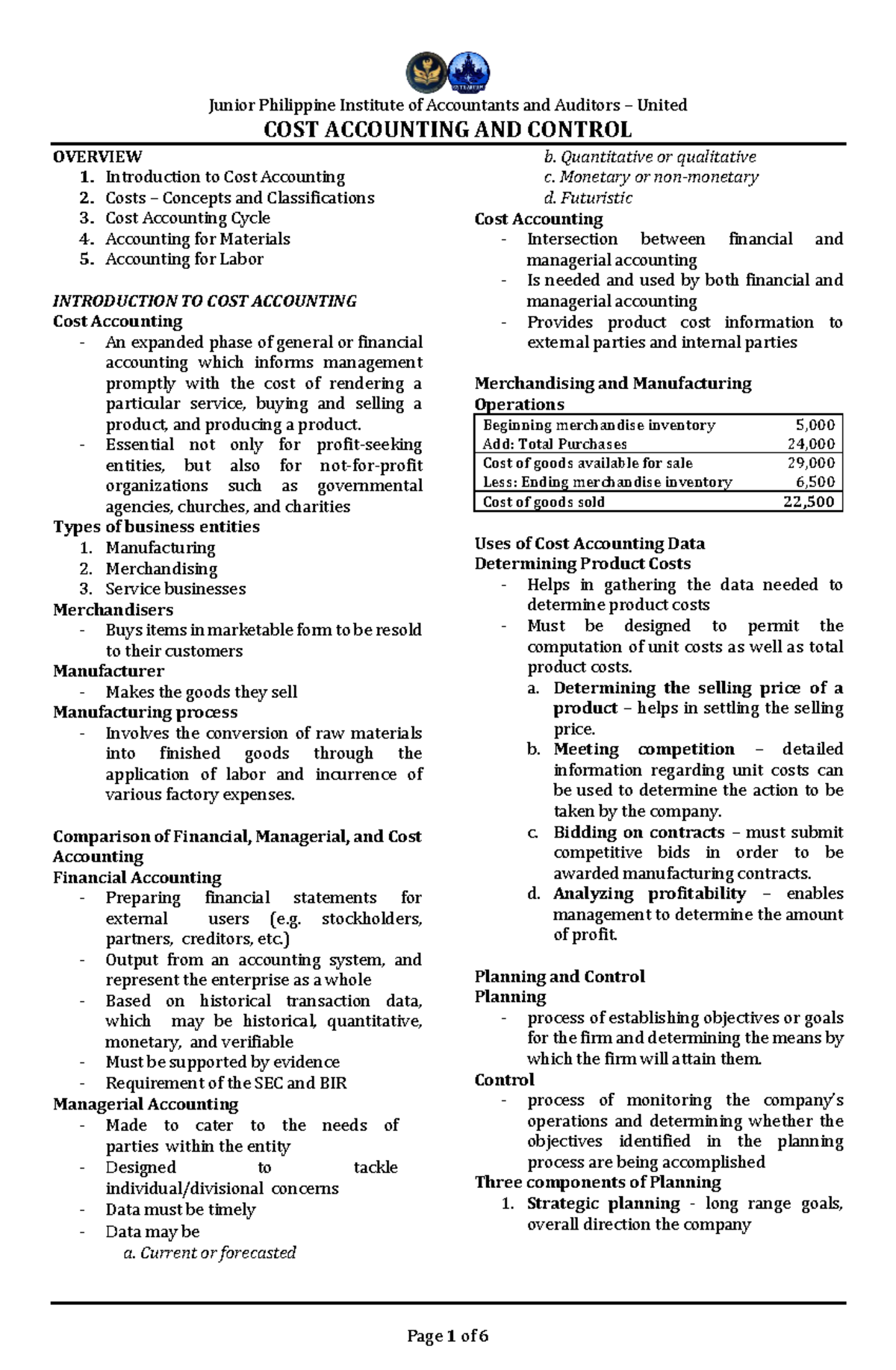 01 Costcon - LECTURE - COST ACCOUNTING AND CONTROL OVERVIEW ...