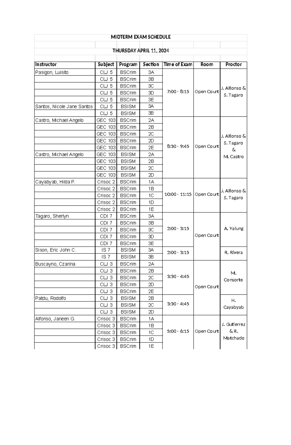 Midterm-EXAM- Schedule - Instructor Subject Program Section Time of Exam Room Proctor Pasigon ...