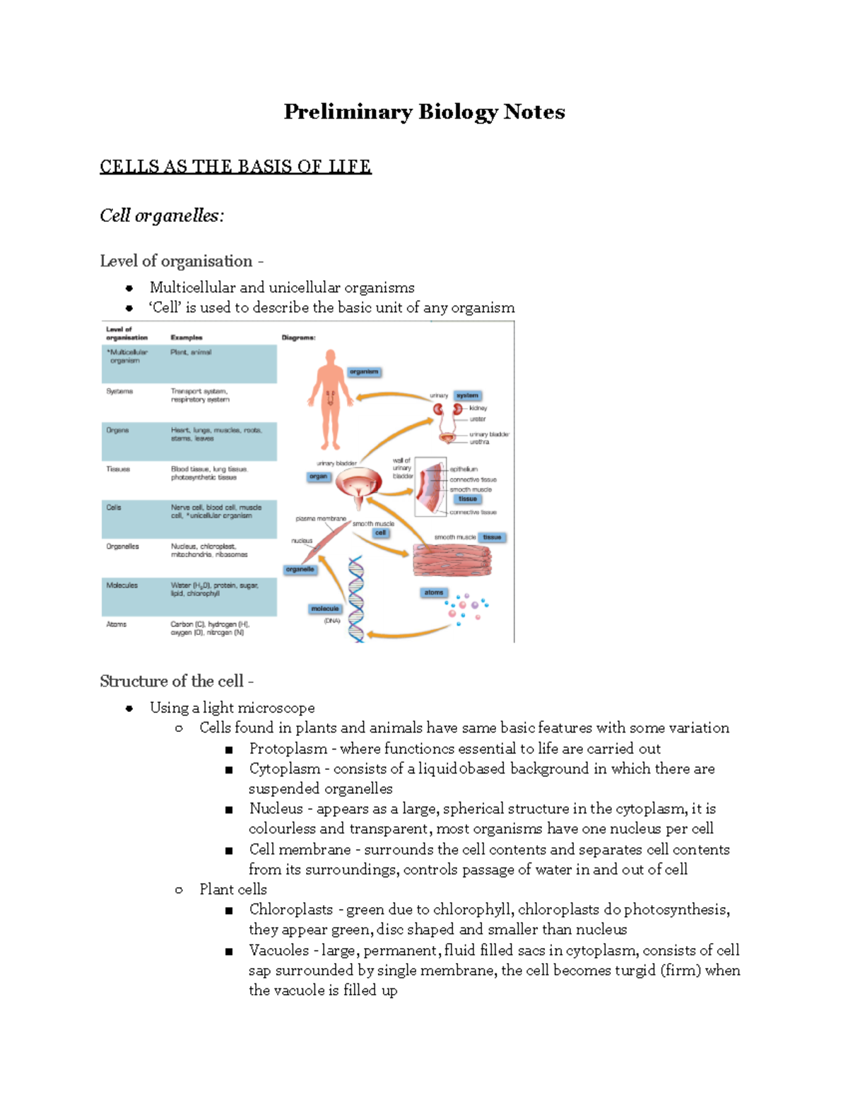 Preliminary Biology Notes - Preliminary Biology Notes CELLS AS THE ...